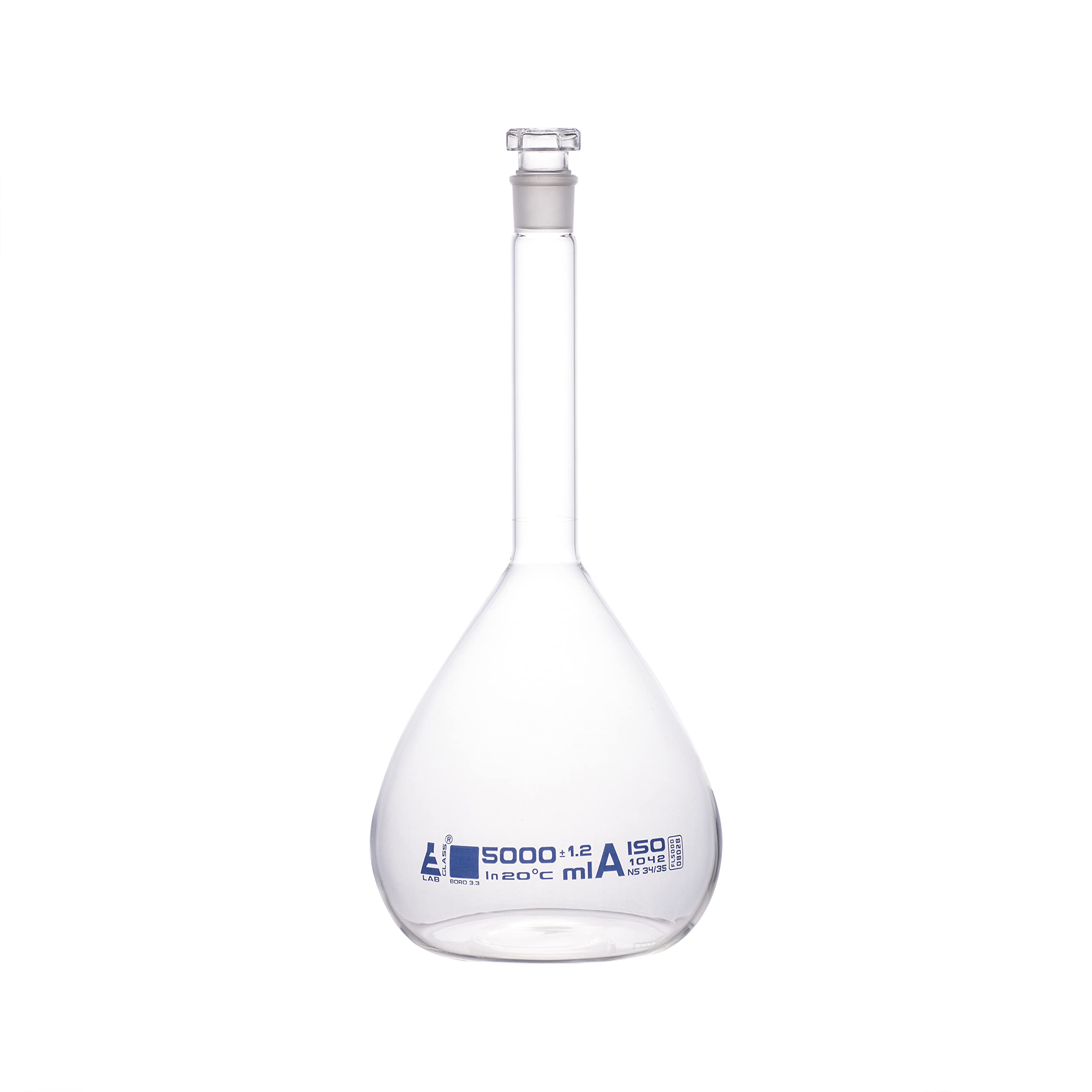 EISCO Volumetric Flask, 5000mL - Borosilicate Glass - Class A - Hexagonal Hollow Glass Stopper - Single Blue Graduation