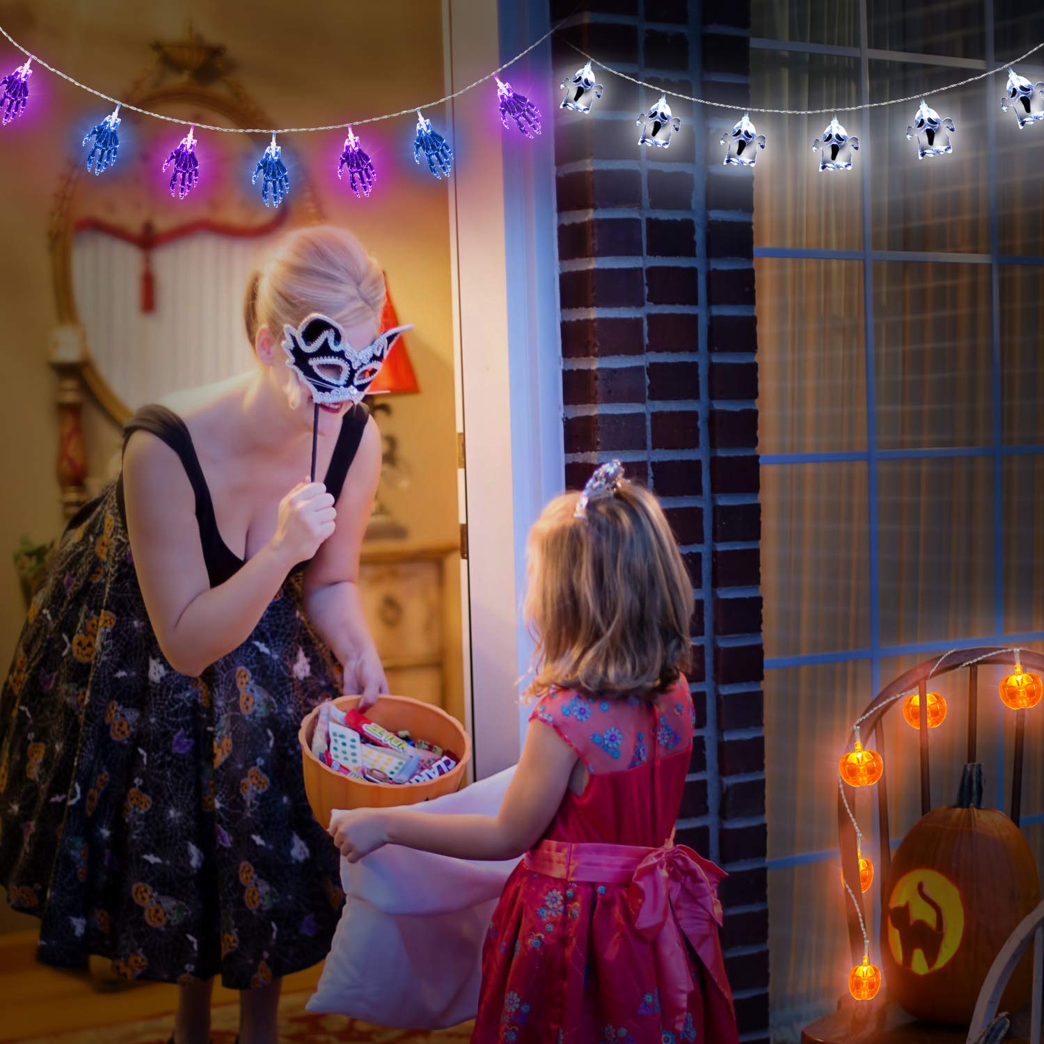 3Pcs Halloween Spooky Decorative String Lights, 9.8ft 54 LED Battery Operated Hand Ghost Pumpkin Party Light String Halloween Decorations for Lawn Porch Door Window Wall Home Garden Halloween Decor