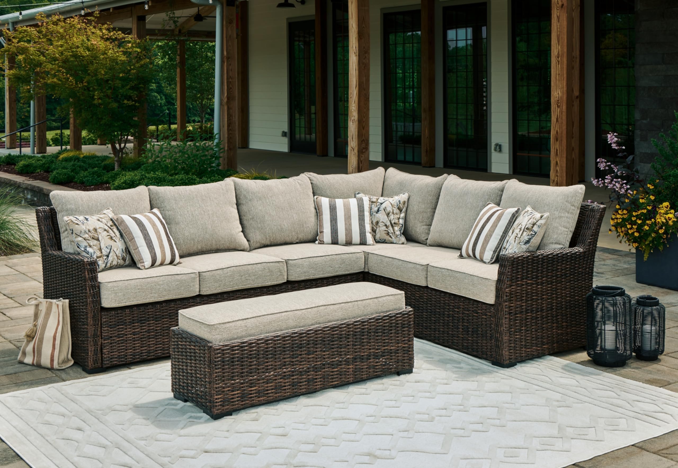 Signature Design by Ashley Brook Ranch Casual Weather Resistant Right Hand Facing Outdoor Sofa Sectional/Bench with Cushion and 6 Throw Pillows, Set of 3, Beige & Dark Brown