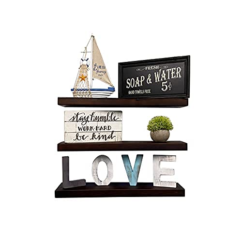 Mark One Home Goods Rustic Farmhouse 3 Tier Justified Floating Wood Shelf - Floating Wall Shelves (Set of 3), Hardware and Fasteners Included (Dark Walnut, 16")