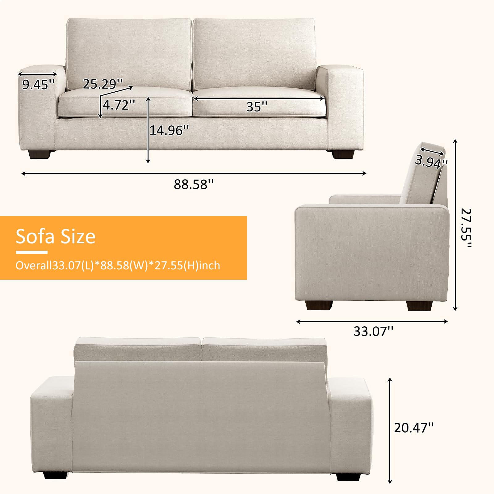 ABAKAN 88.58" Modern Sofas Couches for Living Room, 3-seat Comfy Chenille Couch with Solid Wood Frame, Removable Low-Back Sofa Cushion and Detachable Sofa Cover, Easy to Install(Dark Grey)