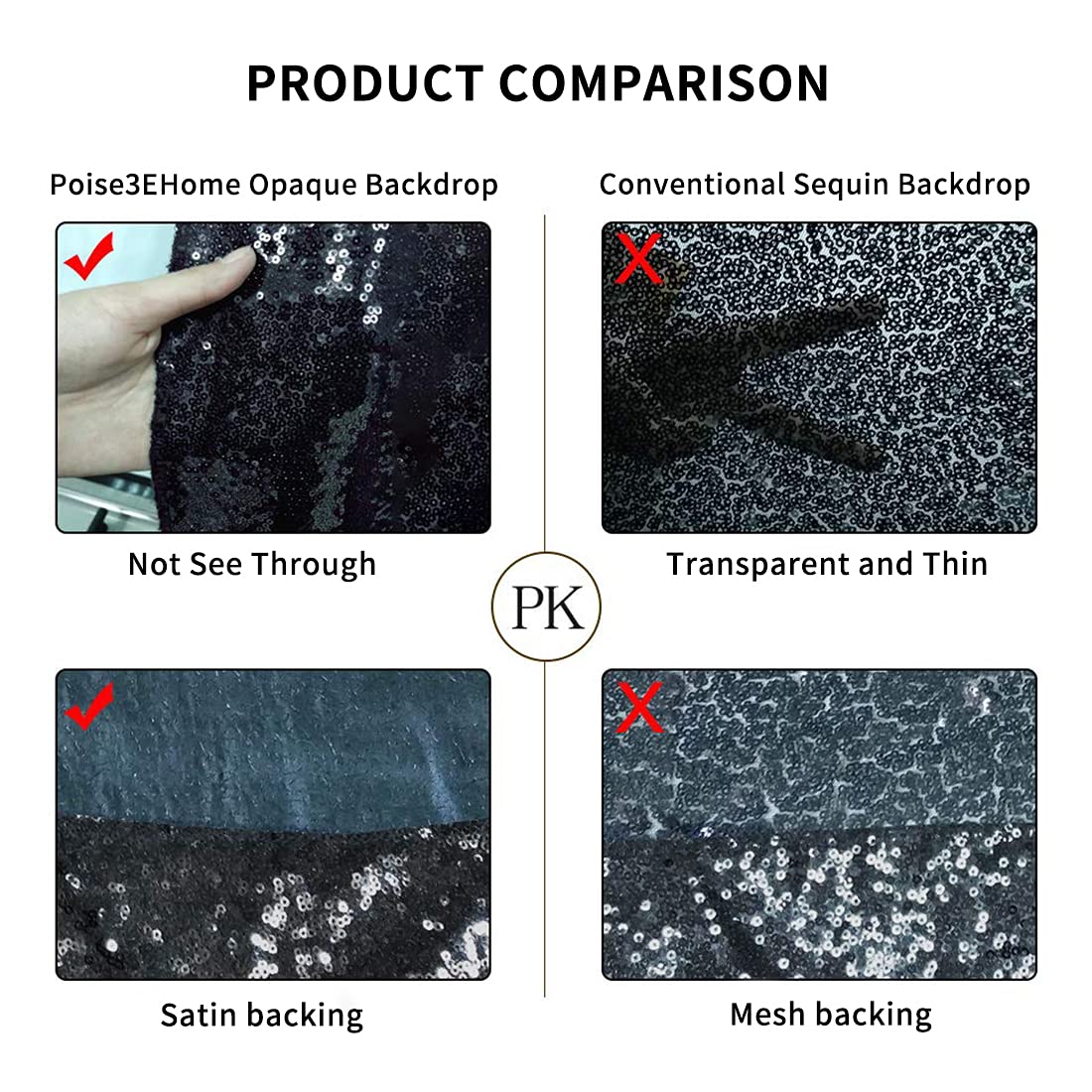 Poise3EHome 8Ft x 8Ft Black Sequin Backdrop, Glitter Thick Satin Background Drapes, Sparkly Opaque Photography Curtain, Sequence Xmas Thanksgiving Backdrop for Wedding Party Holiday Festival Decor