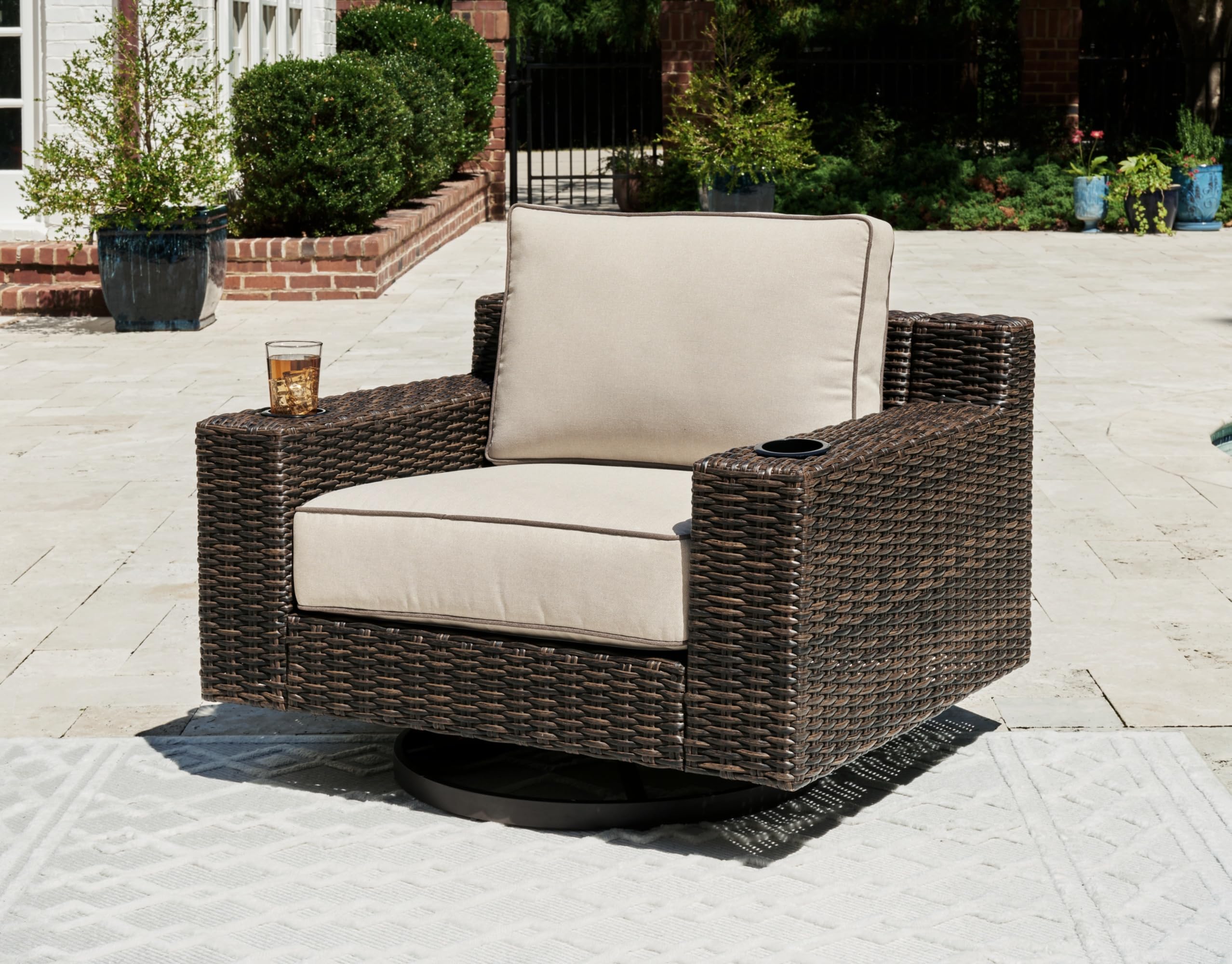 Signature Design by Ashley Coastline Bay Casual Outdoor Swivel Lounge with Cushion and 2 Cup Holders, Beige & Dark Brown