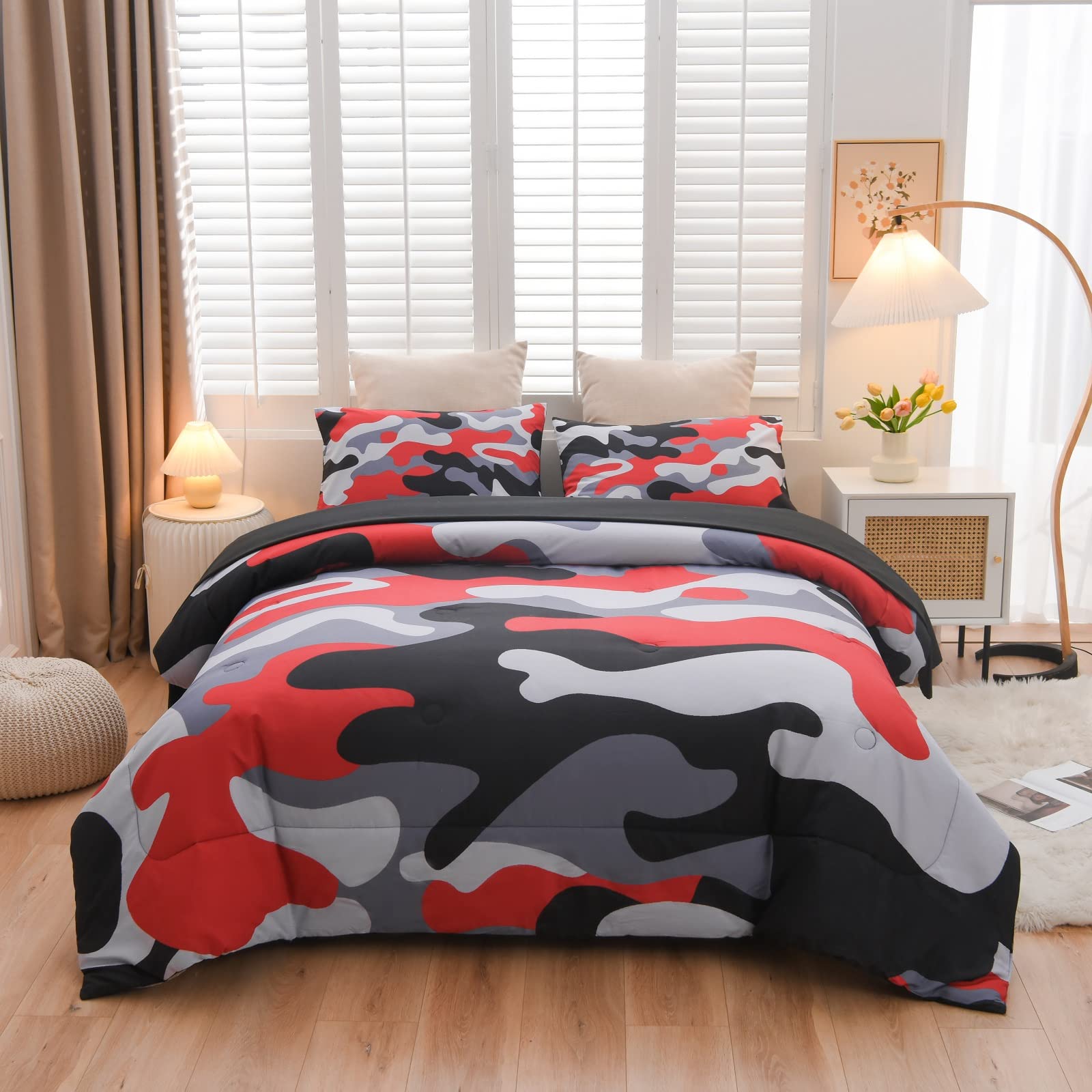 Meeting Story Camouflage Bedding Set, Colorful Pattern Style Comforter Set, 5 PCS One Comforter Two Pillowcases Two Sheets in One Bag, All Season Bedspread for Teens Adults (Red-Black, Full 5Pcs)