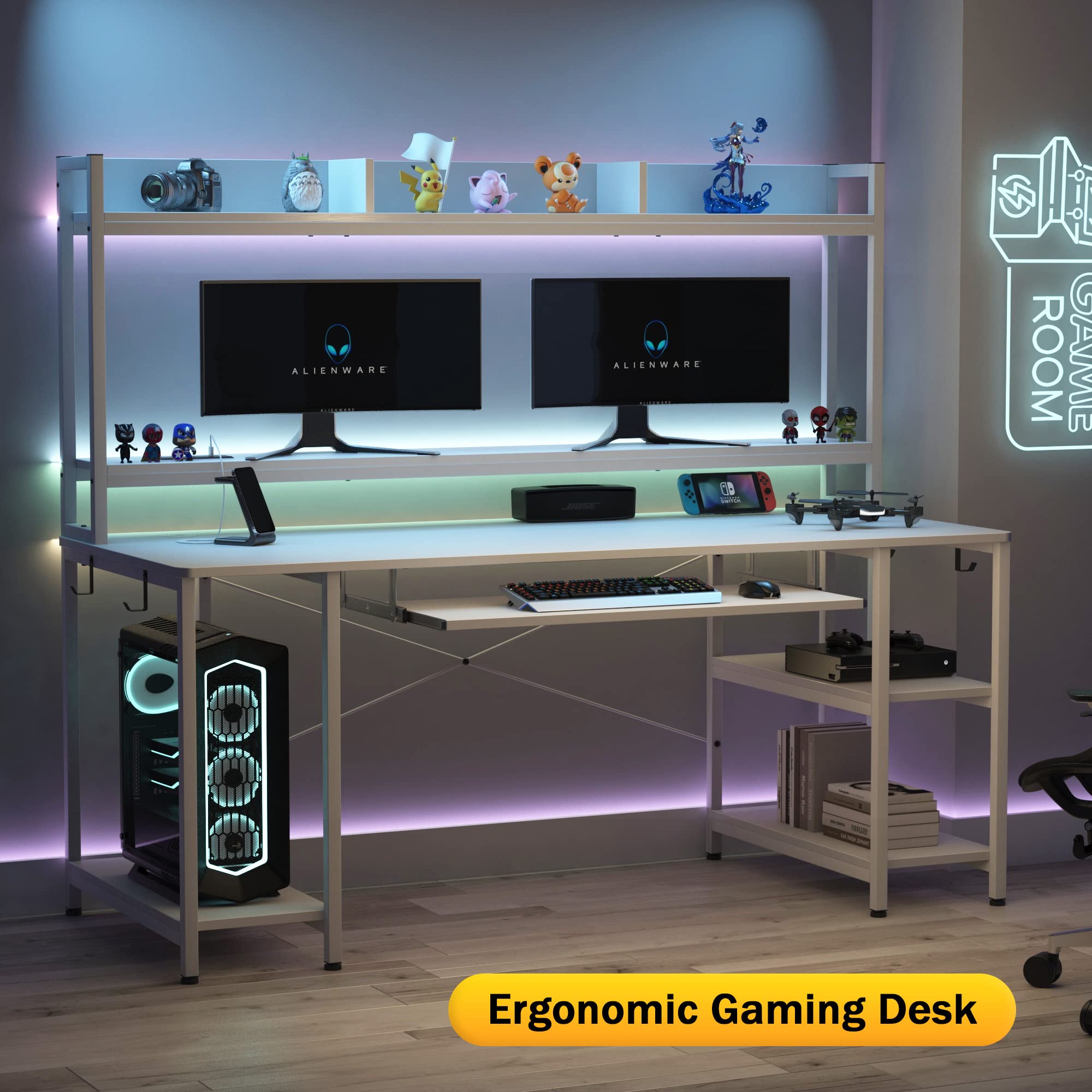 55 IN White Desk with Power Outlet & USB Ports, Reversible Computer Desk with Keyboard Tray Hutch Storage Shelves Monitor Stand, Gaming Desk Home Office Desk Study Writing Workstation, Easy Assembly