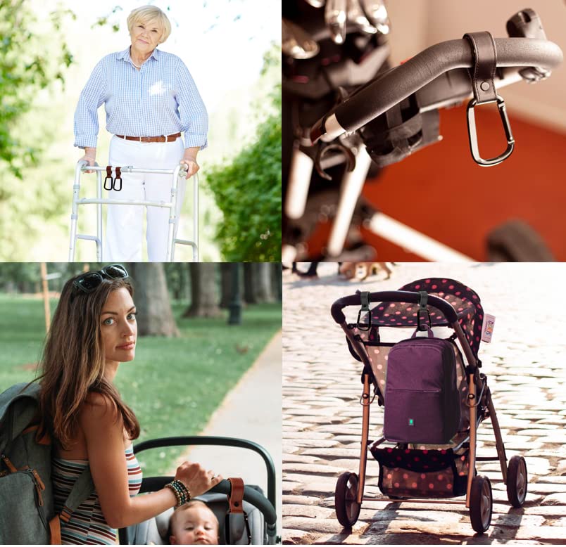 Brute Strength - Leather Stroller Hooks - Cognac 2X - Full Grain Leather - Mommy Hook - Stroller Clip - Bag Hook - Straps with Hooks - Carabiner Hook Clips