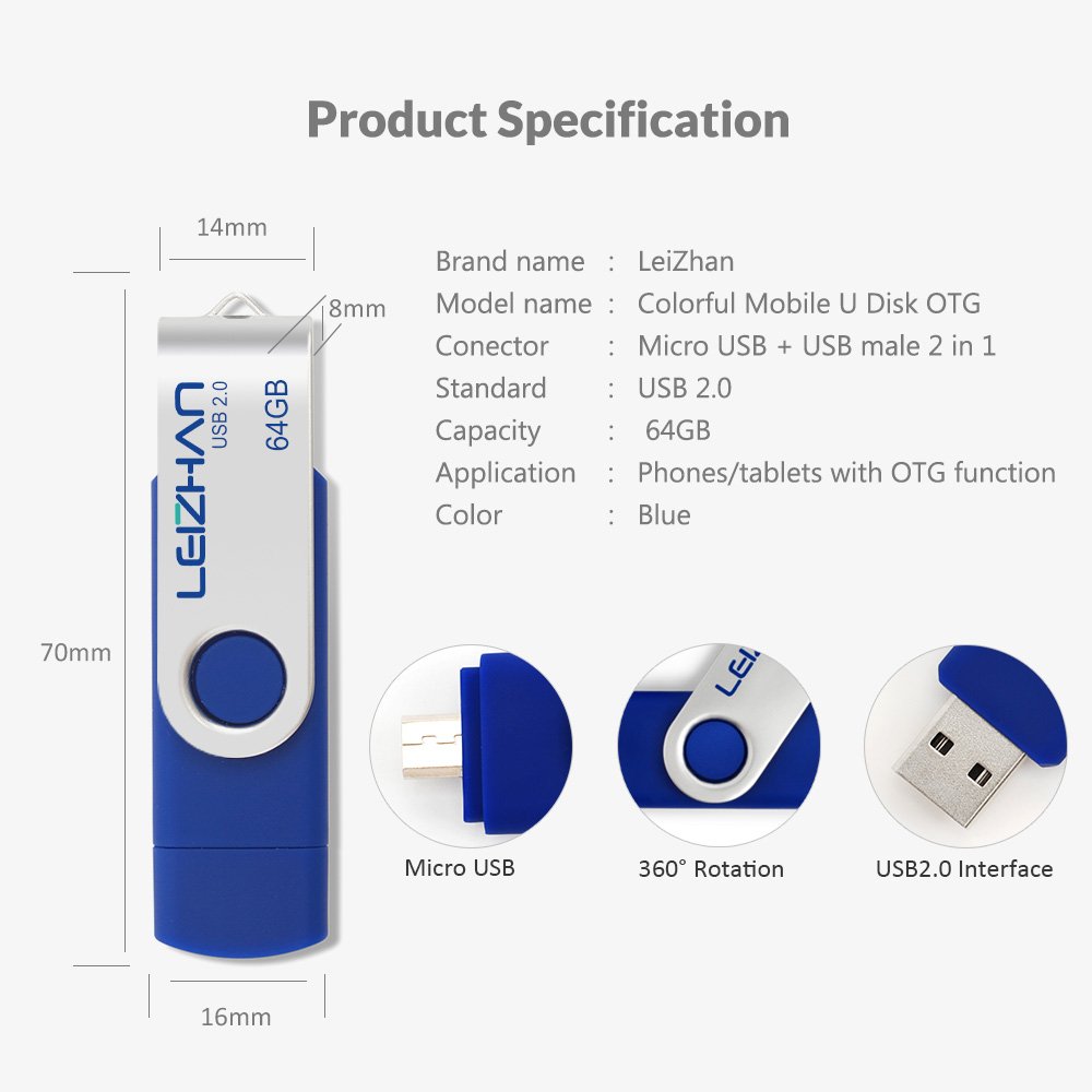 Leizhan Micro USB Flash Drive 128GB Thumb Drive Micro OTG Memory Stick Pendrive USB 2.0 Jump Drive Android Memory Stick U Disk, Blue