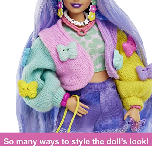 Barbie Extra Doll & Accessories with Wavy Lavender Hair in Colorful Butterfly Sweater & Pink Boots with Pet Koala