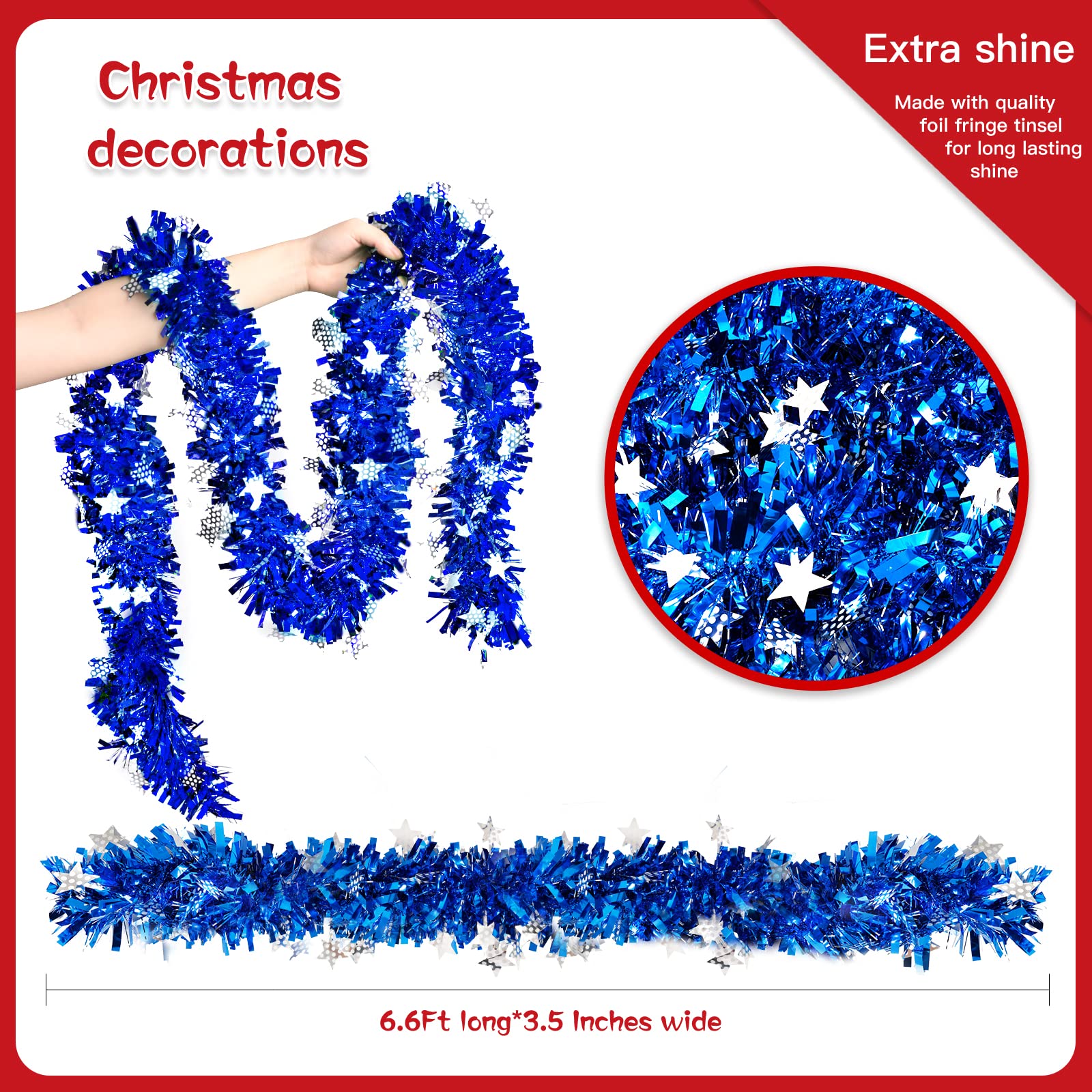 33FT Gold Tinsel Garland for Christmas Tree Decorations Metallic Twist Garland with Star 5-Layer Encrypted Tinsel Tassel for Wedding Birthday Party Supplies