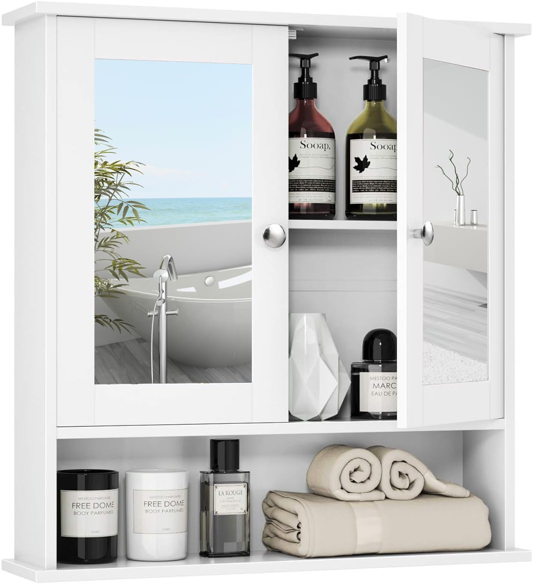 Byroce Bathroom Medicine Cabinet, Bathroom Wall Cabinet with 2 Mirror Doors & Adjustable Shelf, Over Toilet Storage, Wood Wall Mounted Storage Cabinet for Laundry Room, Living Room, Kitchen (White)