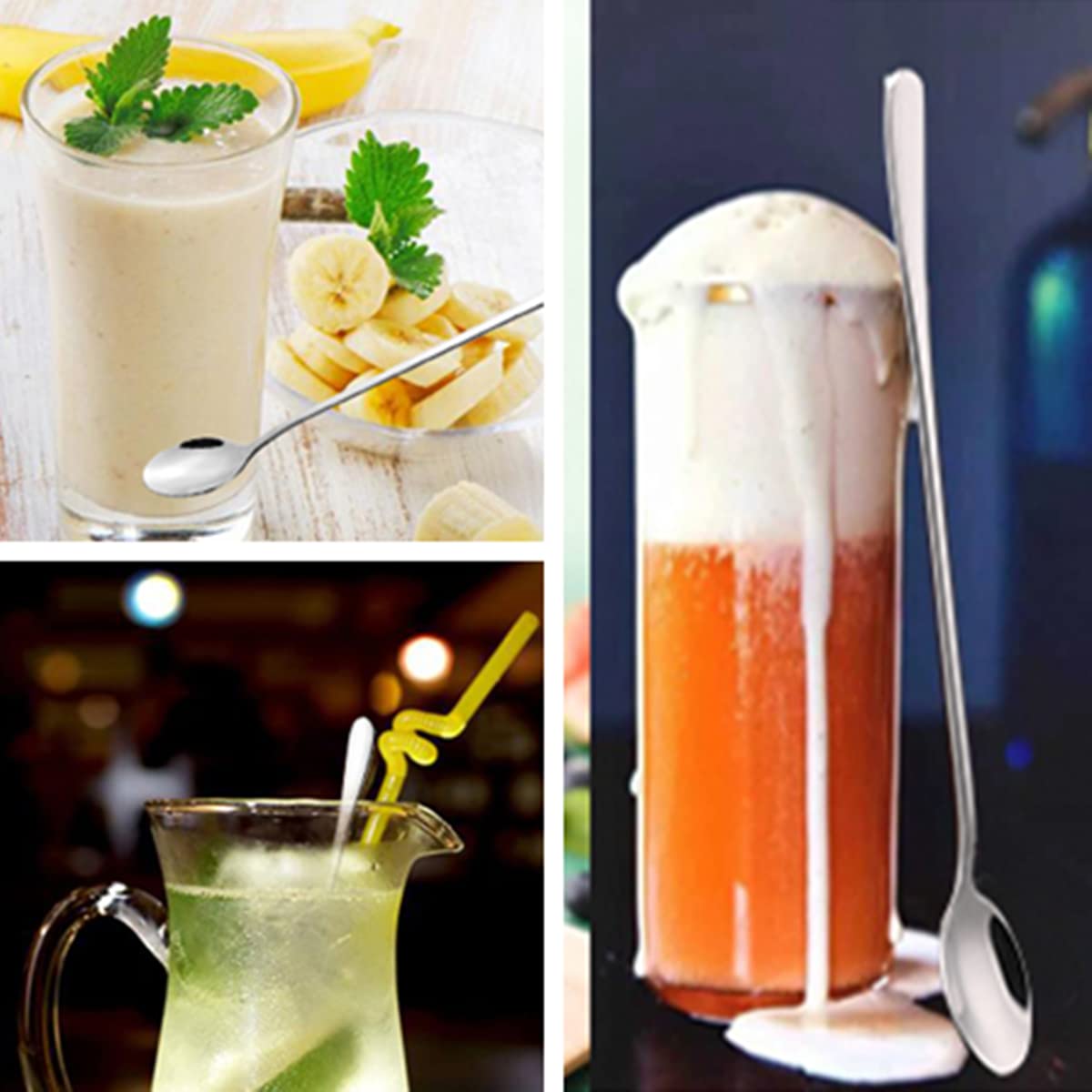 8 Inch Long Handle Spoon Iced Tea Spoons, 4pcs Coffee Spoon, Premium Stainless Steel Cocktail Stirring Spoons for Mixing, Tea, Ice Cream, Milkshake, Cold Drink (Silver)