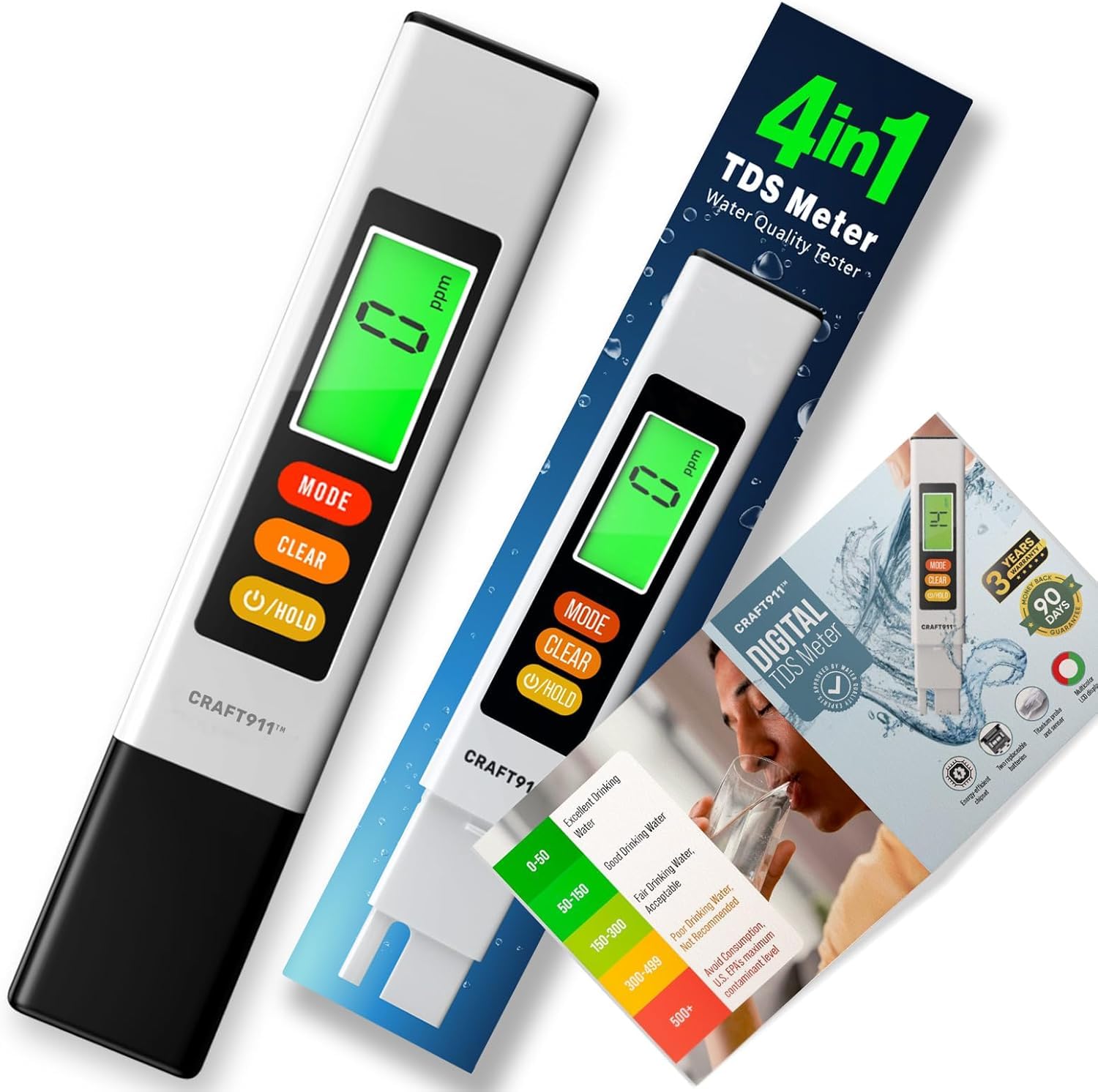 Craft911 4-in-1 Tds Meter Digital Water Tester for Drinking Water - Accurate and Reliable TDS Electric Conductivity Meter & Temp (°C,°F) Meter - 0-9990ppm