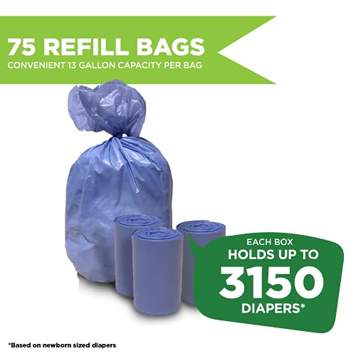 Disposable Diaper Pail Refills Compatible with Ubbi Diaper Pail | Diaper Pail Refill Bags made with Recycled Material | Fresh Powder Scent for Odor Control | Disposable Diaper Trash Bags (75 Count)