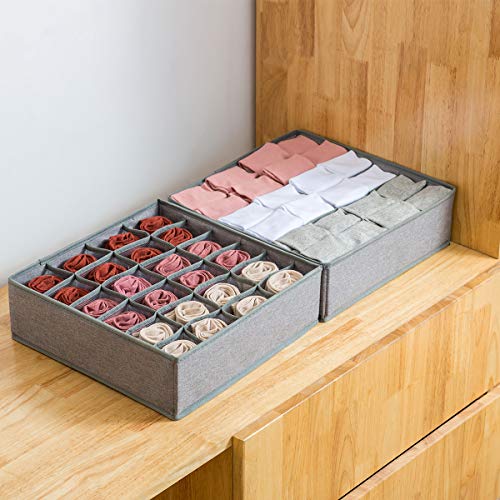 Qozary 2 Pack Socks Underwear Drawer Organizer Divider, 24 Cell or 16 Cell Collapsible Cabinet Closet Organizer Storage Boxes for Clothes, Socks, Lingerie, Underwear, Ties
