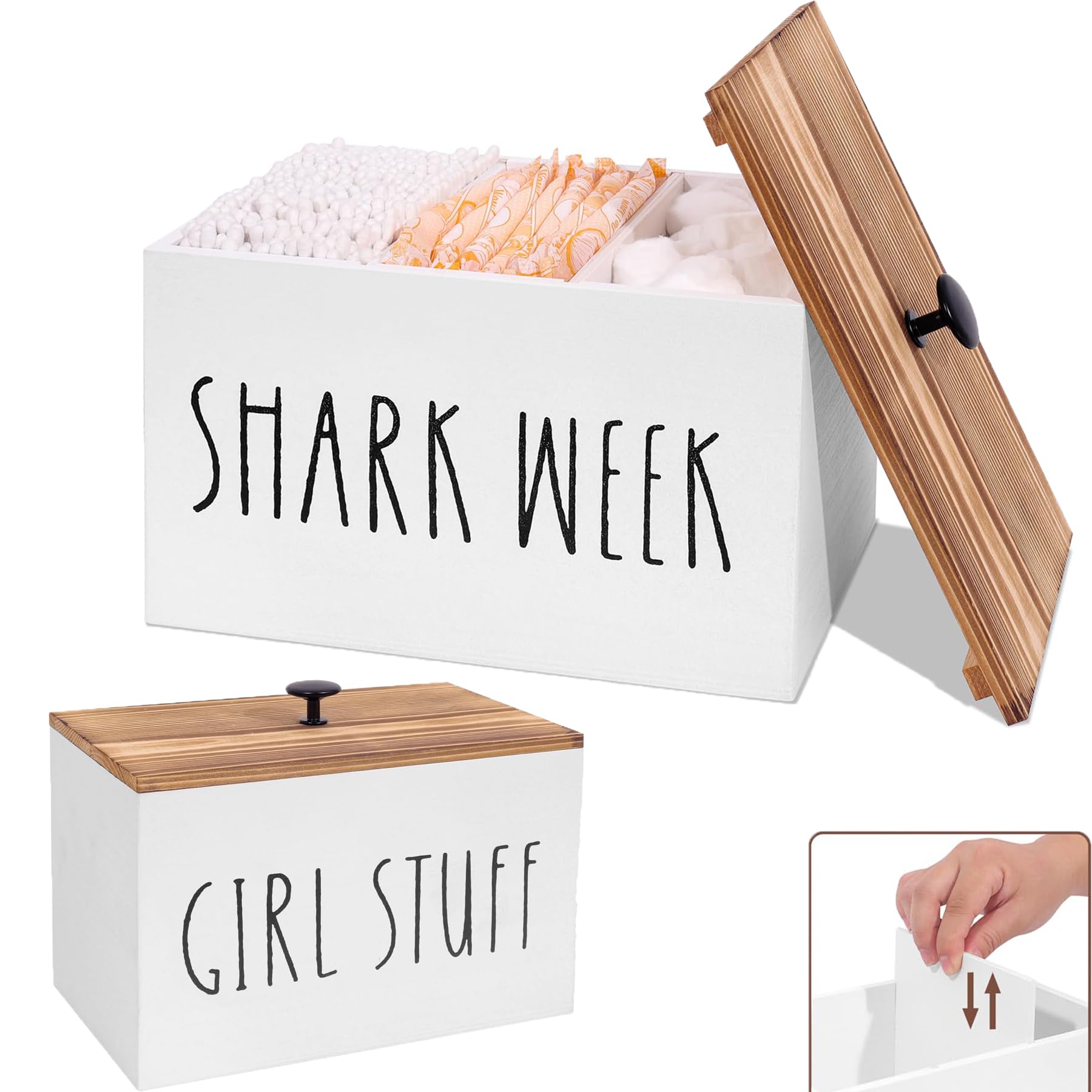 Tampon Holder for Bathroom, Farmhouse Pad Orgainzier Container, Rustic Wood Bathroom Storage Bin with Lid, Movable Partition Feminine Product Organizer, Tampon Storage Container (White &Wood Lid)
