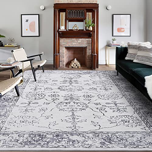 8x10 Area Rugs for Living Room:Large Neutral Moroccan Distressed Carpet Machine Washable Farmhouse Collection Carpets for Dining Room Bedroom Nursery Home Office Gray/Blue