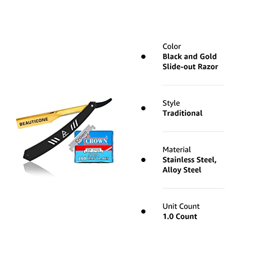 BEAUTICONE Straight Razor | Professional Barber Razor for men with 100 Single Edge Blades | Straight Edge Razor │slide-out design (Black and Gold Slide-out Razor)