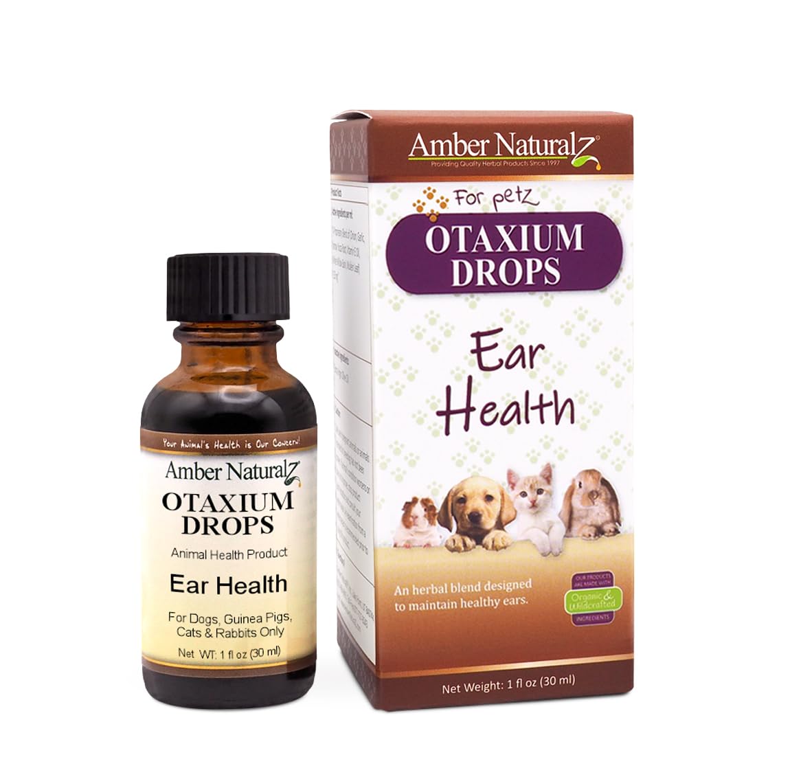 Amber NaturalZ Otaxium Drops Herbal Supplement for Dogs, Cats, Birds, Guinea Pigs, and Rabbits | Pet Herbal Supplement for Ear Health | 1 Fluid Ounce Glass Bottle | Manufactured in The USA