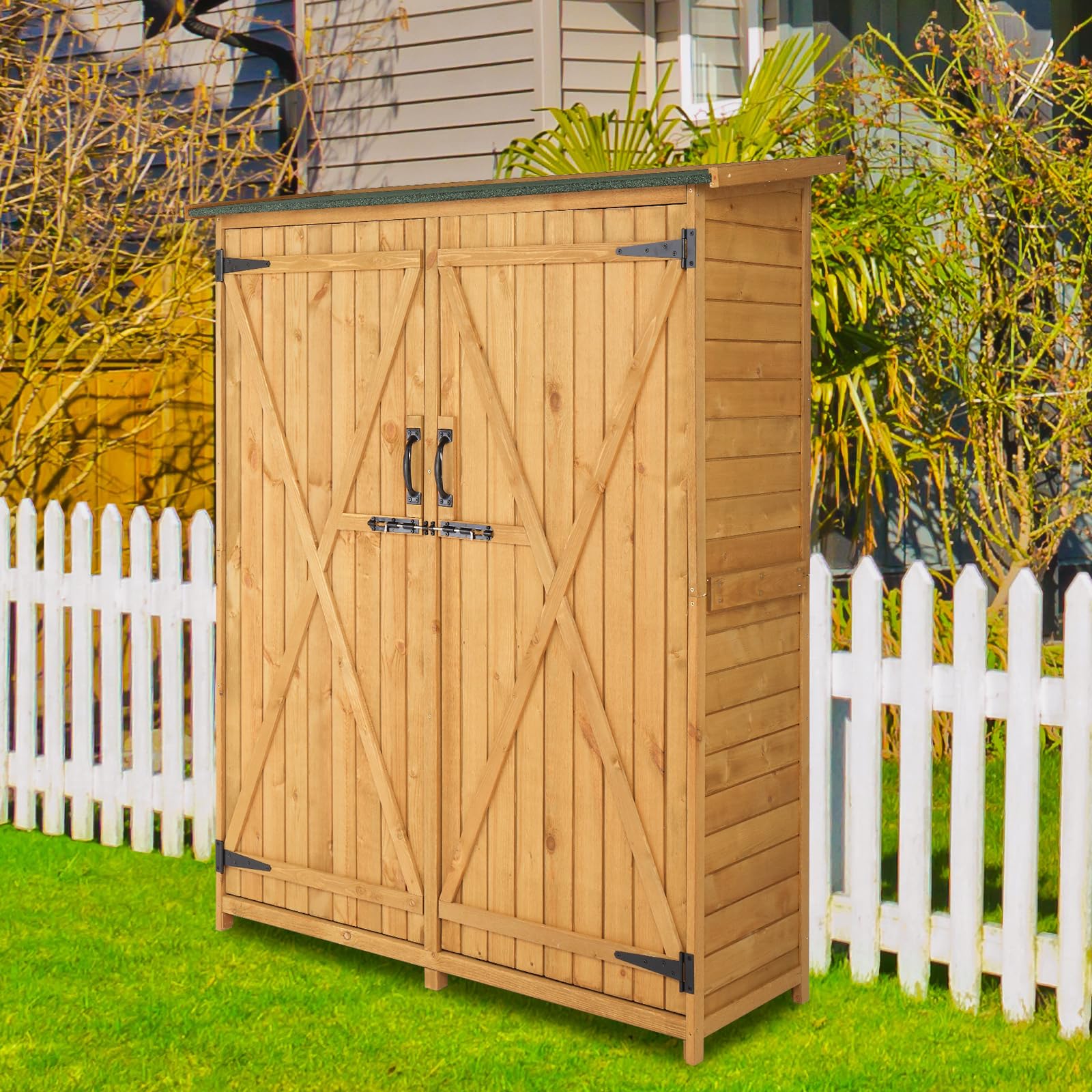 Pinikuyiro Outdoor Storage Cabinet, Wood Garden Shed, Outside Tool Shed, Vertical Organizer Cabinet with Double Lockable Doors for Outside, Garden and Yard