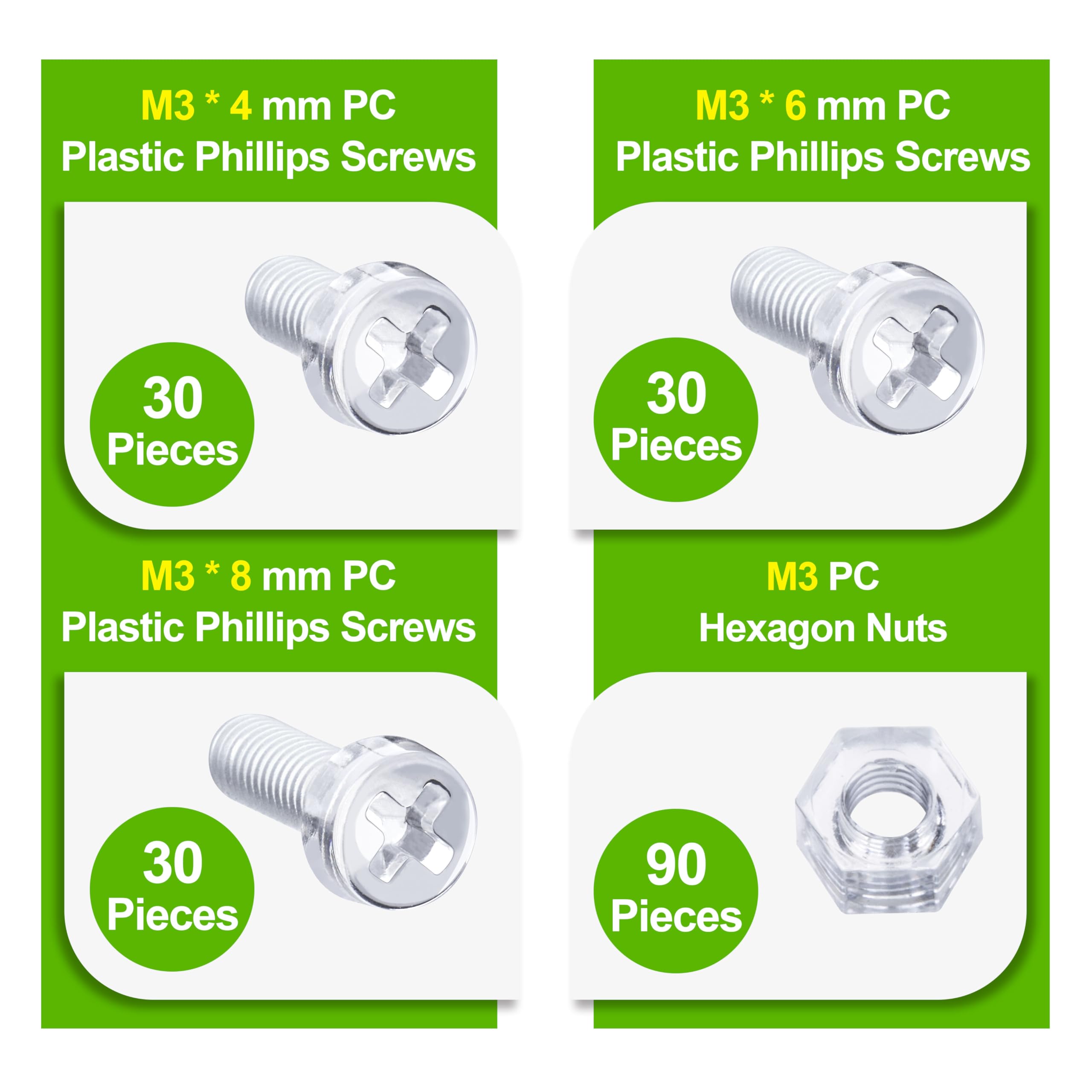 Pzsmocn 180 Pieces M3*4/6/8mm PC Transparent Plastic Cross-recessed Round Head Screws and Hexagonal Nuts Kit, Corrosion-Resistant, for DIY, Model and Electronic Product Fixation.