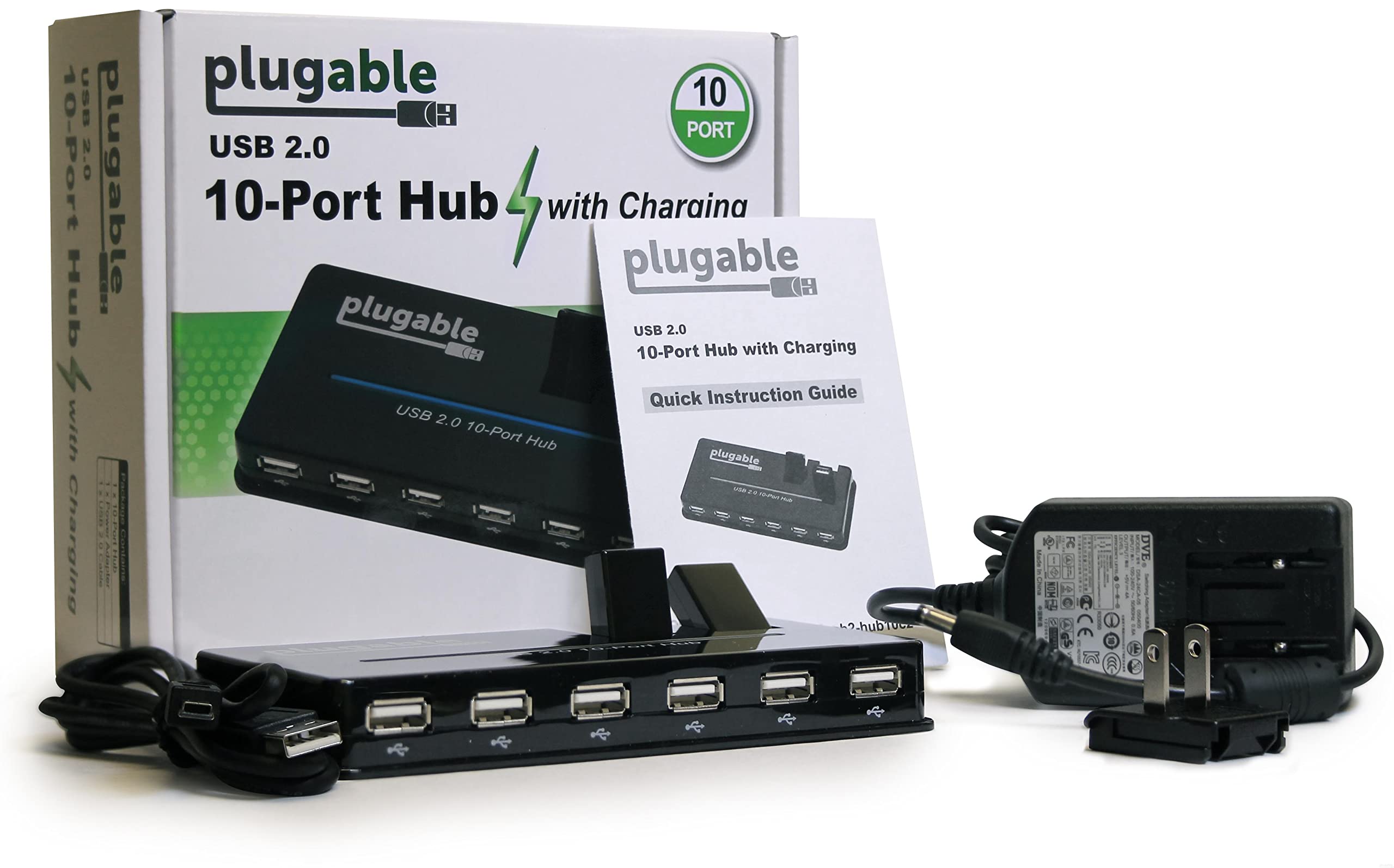 Plugable USB Hub, 10 Port - USB 2.0 with 20W Power Adapter, Two Flip-Up Ports and Driverless