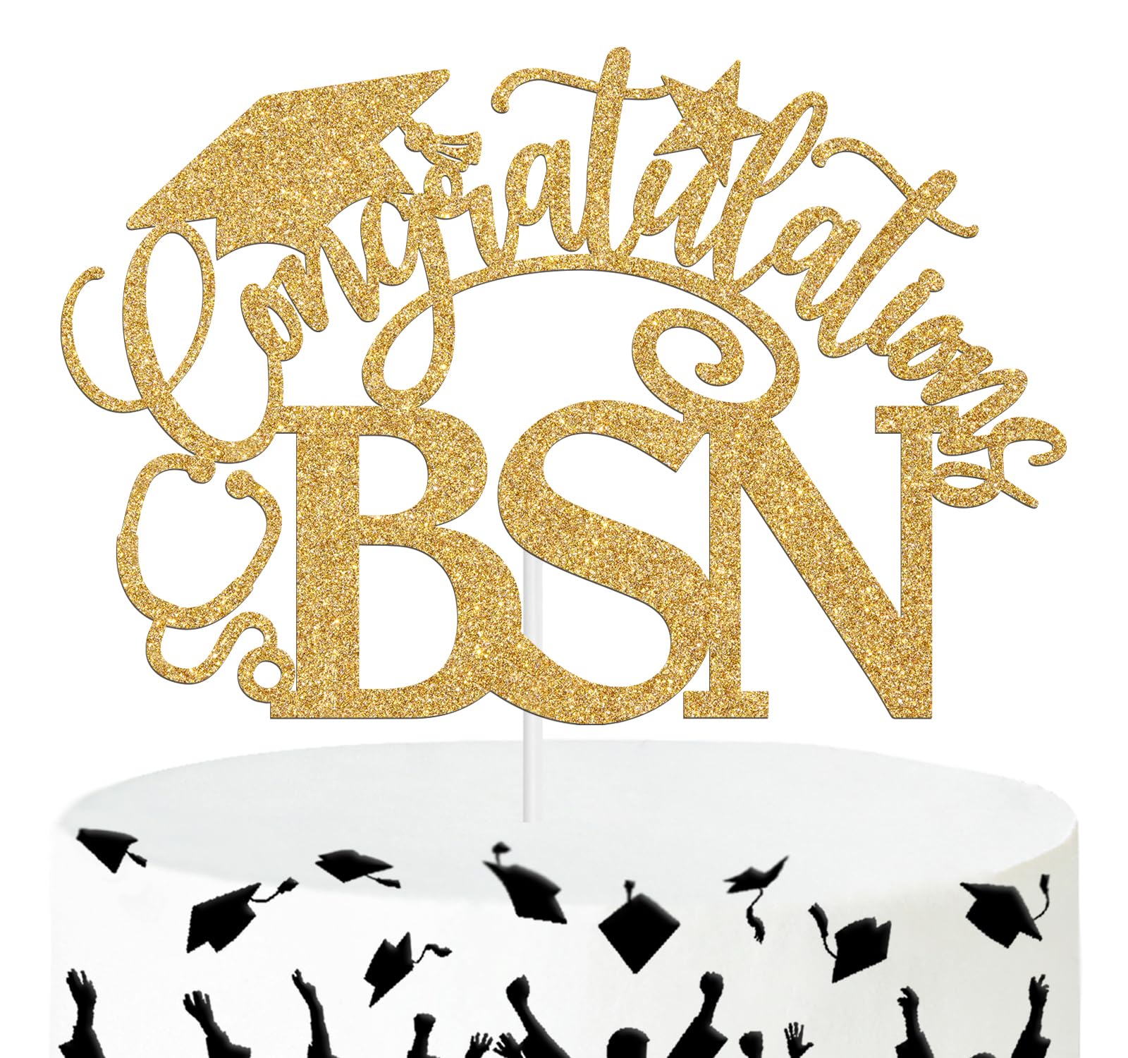 Ferburitar Congratulations BSN Cake Topper, Congrats Nurse/RN Cake Decor, 2025 Nursing School Grad Graduation Party Decorations Supplies, Gold Glitter