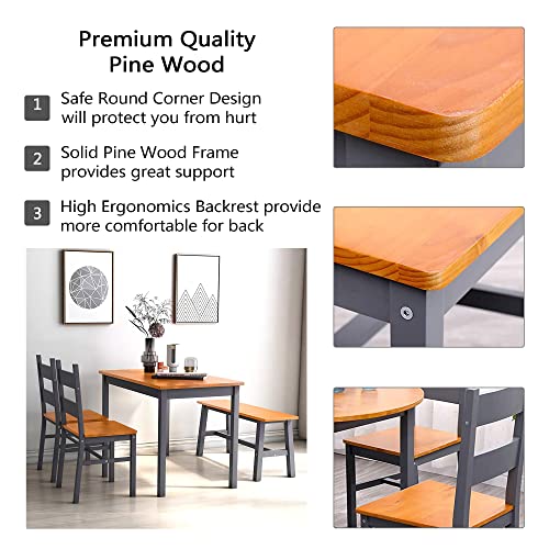 Alohappy Dining Table Set for 4, Solid Wood Kitchen Table with 2 Chairs and Bench, 4-Person Space-Saving Dinette Table for Kitchen, Dining Room, Sturdy Structure Easy Assembly