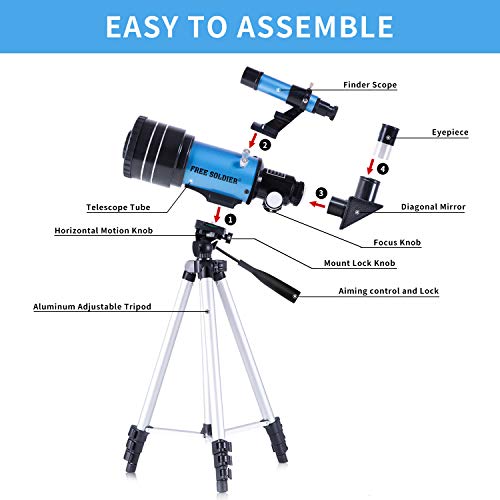Telescope for Kids Astronomy Beginners - 70mm Aperture Refractor Telescope for Viewing Planets Stars with Adjustable Tripod Phone Adapter Wireless Remote Cool Christmas Astronomy Gifts for Kids, Blue