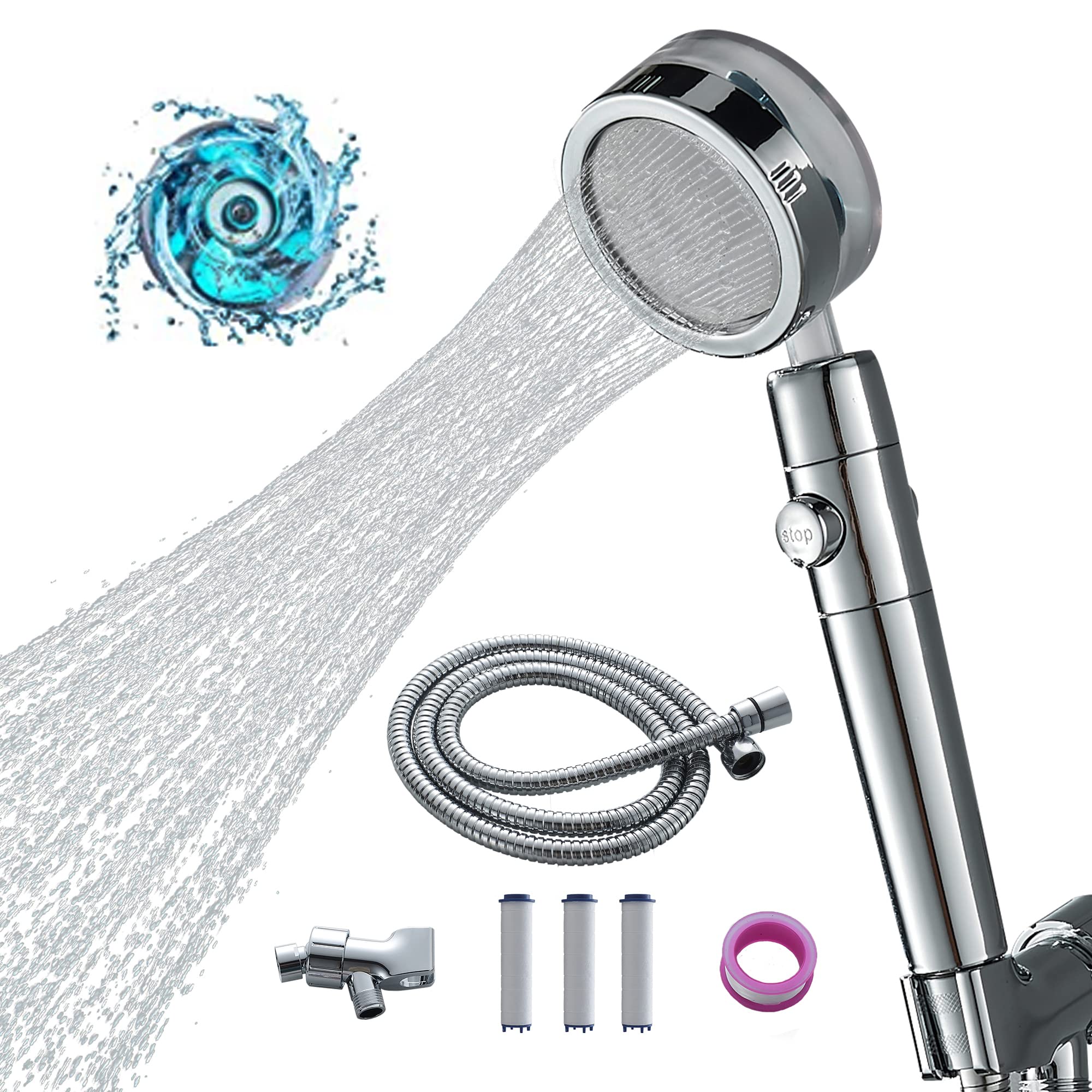 Alphyse Turbo Shower Head High Pressure, Vortex Shower Head with Handheld, Hydro Shower Head with Hose, 3 Filters and Turbo Fan, Blue