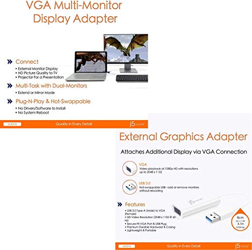 j5create Accessory Bundle - JUD214 Multi-Monitor Desktop Display USB Video Card Converter & Wormhole Switch - JUC-400 Windows & Mac Crossover Cable