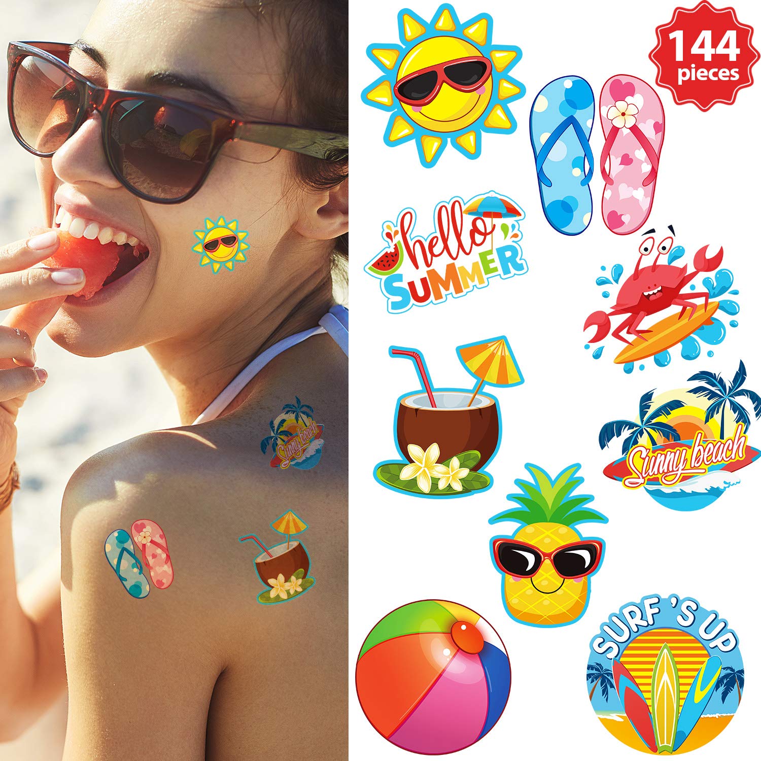Patelai 144 Pieces Kids Summer Party Tattoos Beach Hawaiian Luau Themed Waterproof Temporary Tattoos, 9 Styles