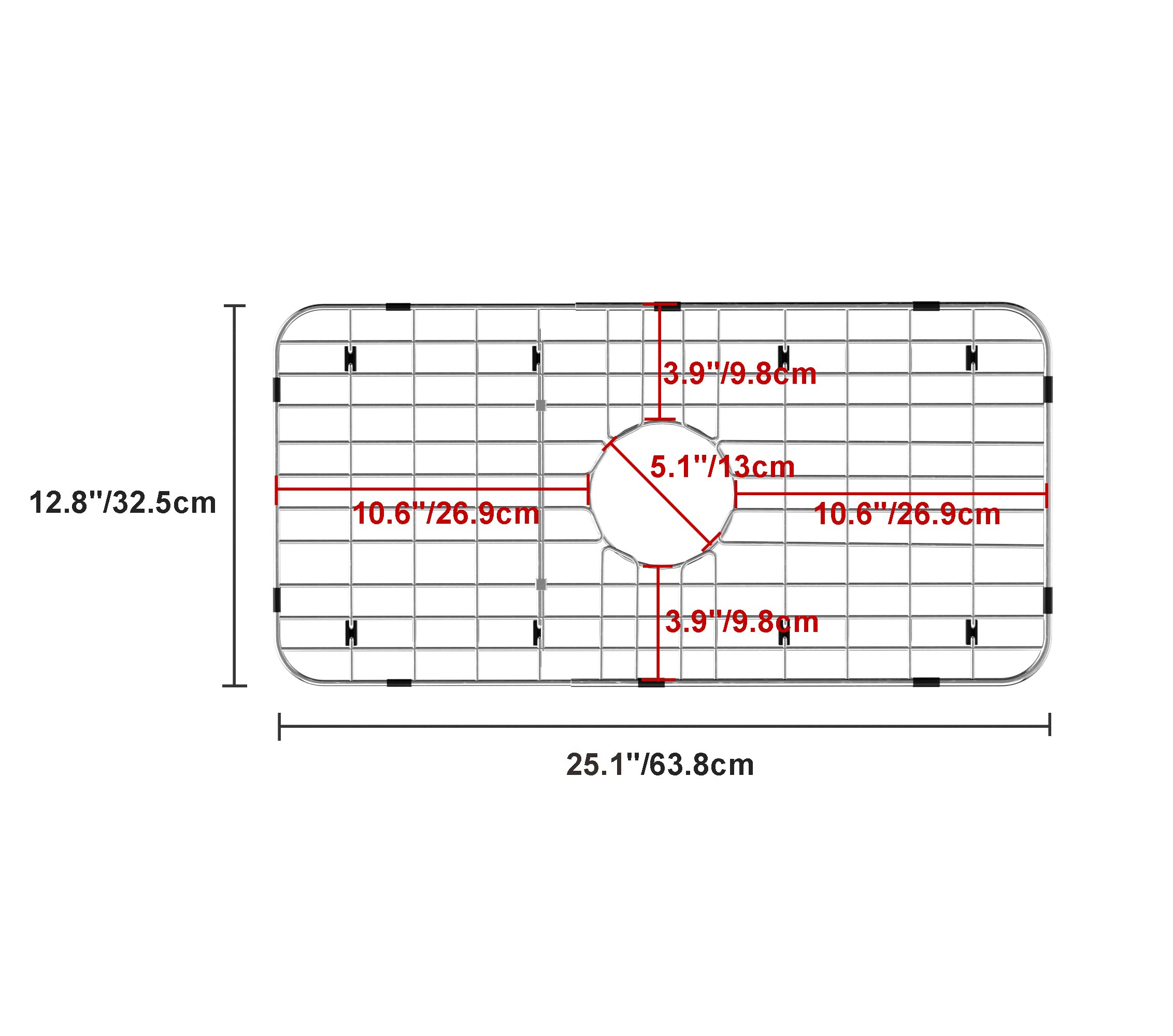 Alonsoo Kitchen Sink Grid and Sink Protectors, 25-1/8" x 12-7/8" Stainless Steel Sink Grate Sink Grids for Bottom of Kitchen Sink Centered Drain with Corner Radius1-1/2", Stainless Steel