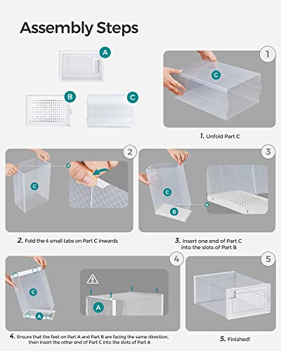 SONGMICS Shoe Boxes, Pack of 12 Shoe Storage Organizers, Stackable Clear Plastic Boxes for Closet, Sneakers, 9.9 x 13.7 x 7.4 Inches, Fit up to US Size 13, Transparent and White ULSP12MWT