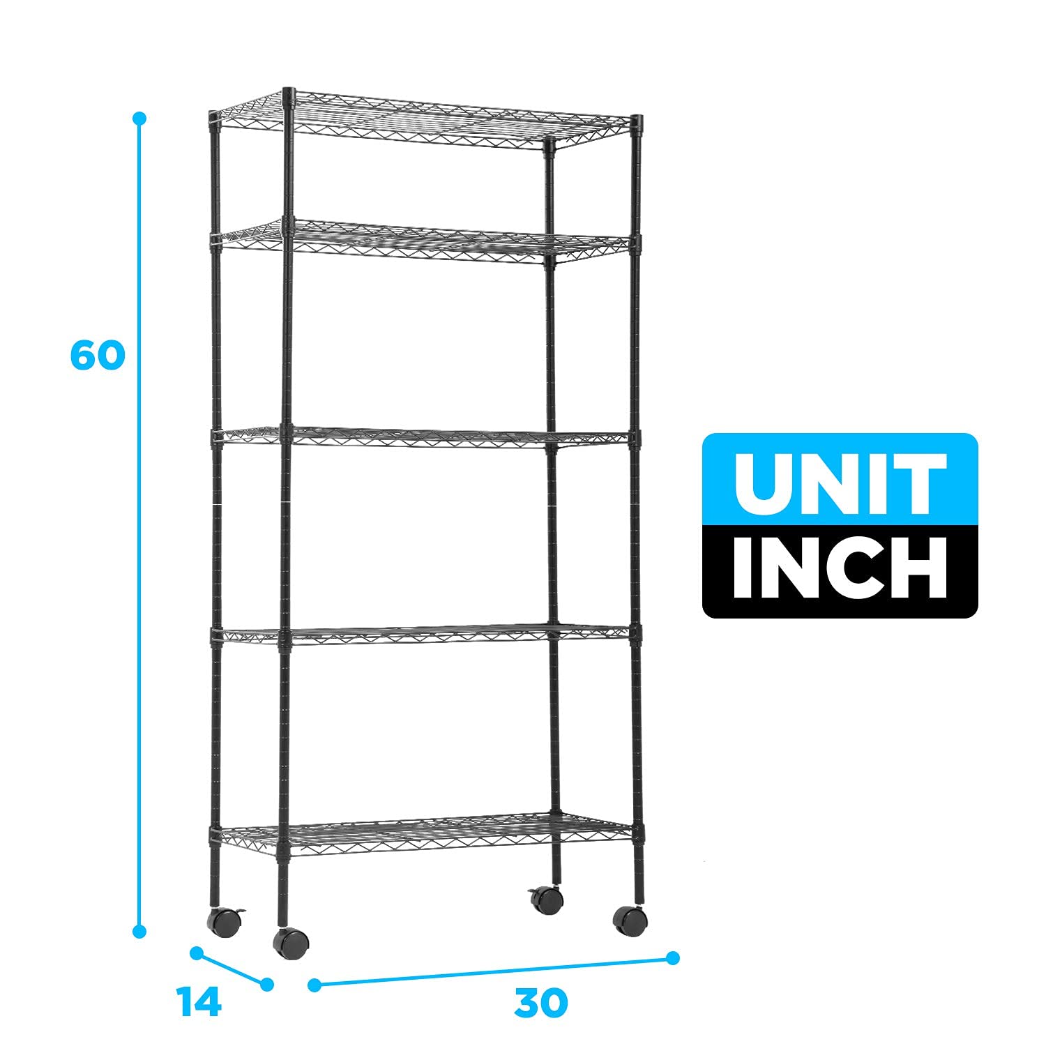 FDW 30" L×14" W×60" H Wire Shelving Unit Metal Shelf with 5 Tier Casters Adjustable Layer Rack Strong Steel for Restaurant Garage Pantry Kitchen Garage,Black