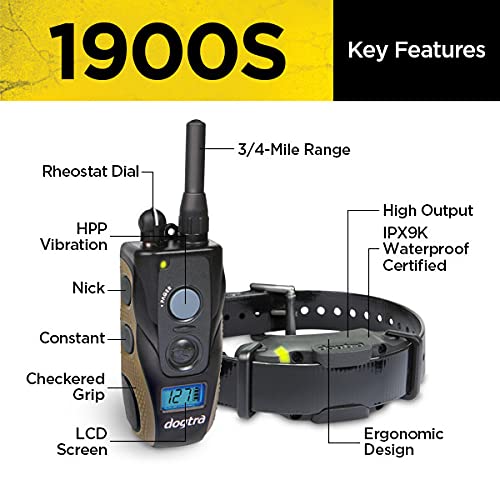 Dogtra 1900S Remote Training E-Collar - 3/4 Mile Range - Electronic Dog Training Collar, Waterproof, Rechargeable, High-Output, Adjustable Levels, Vibration, Obedience, Hunting, K-9, Stubborn Dogs