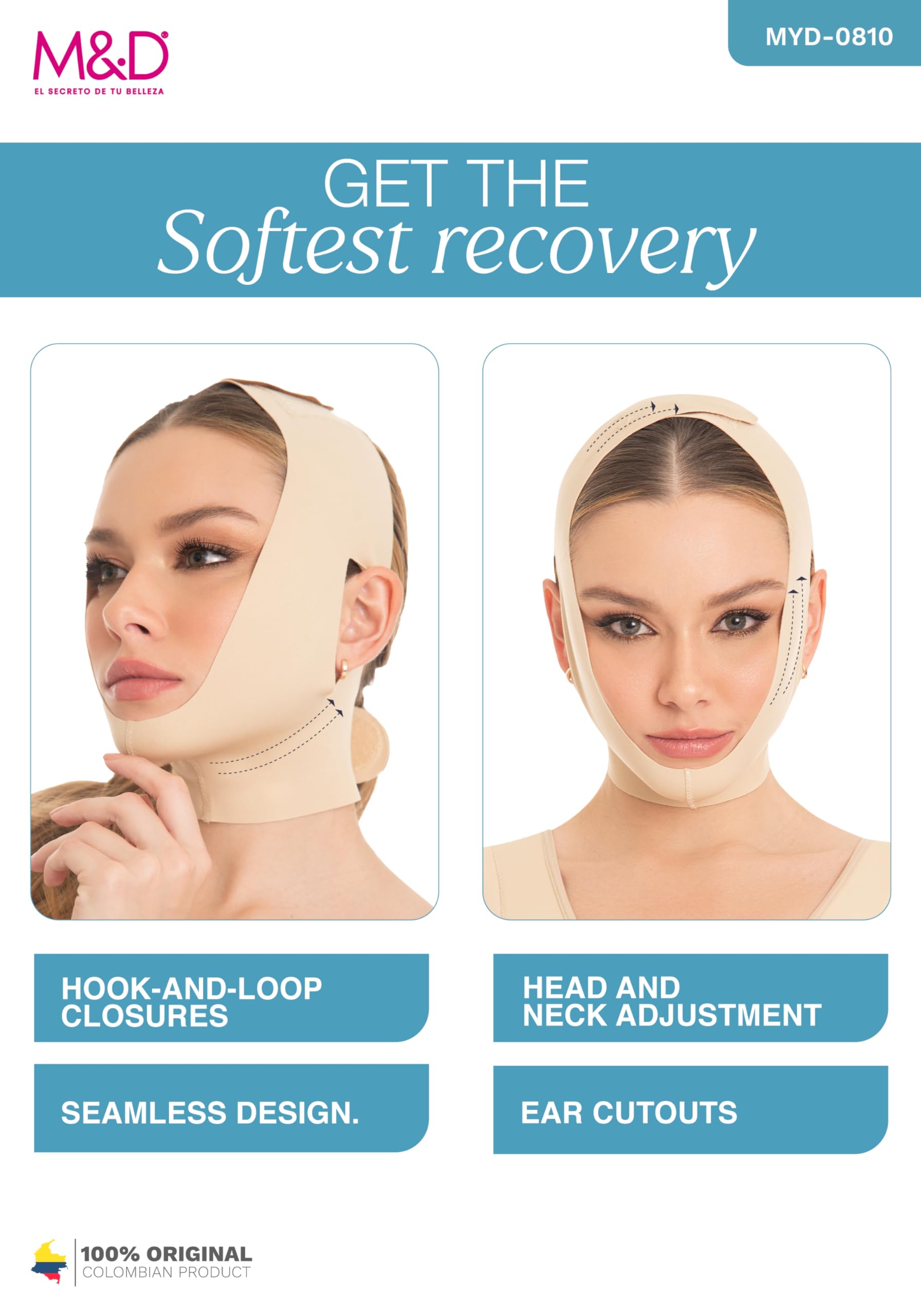 M&D Face Slimming Chin Strap Lipo Compression Garment Mentonera Postquirúrgica Facial Beige M