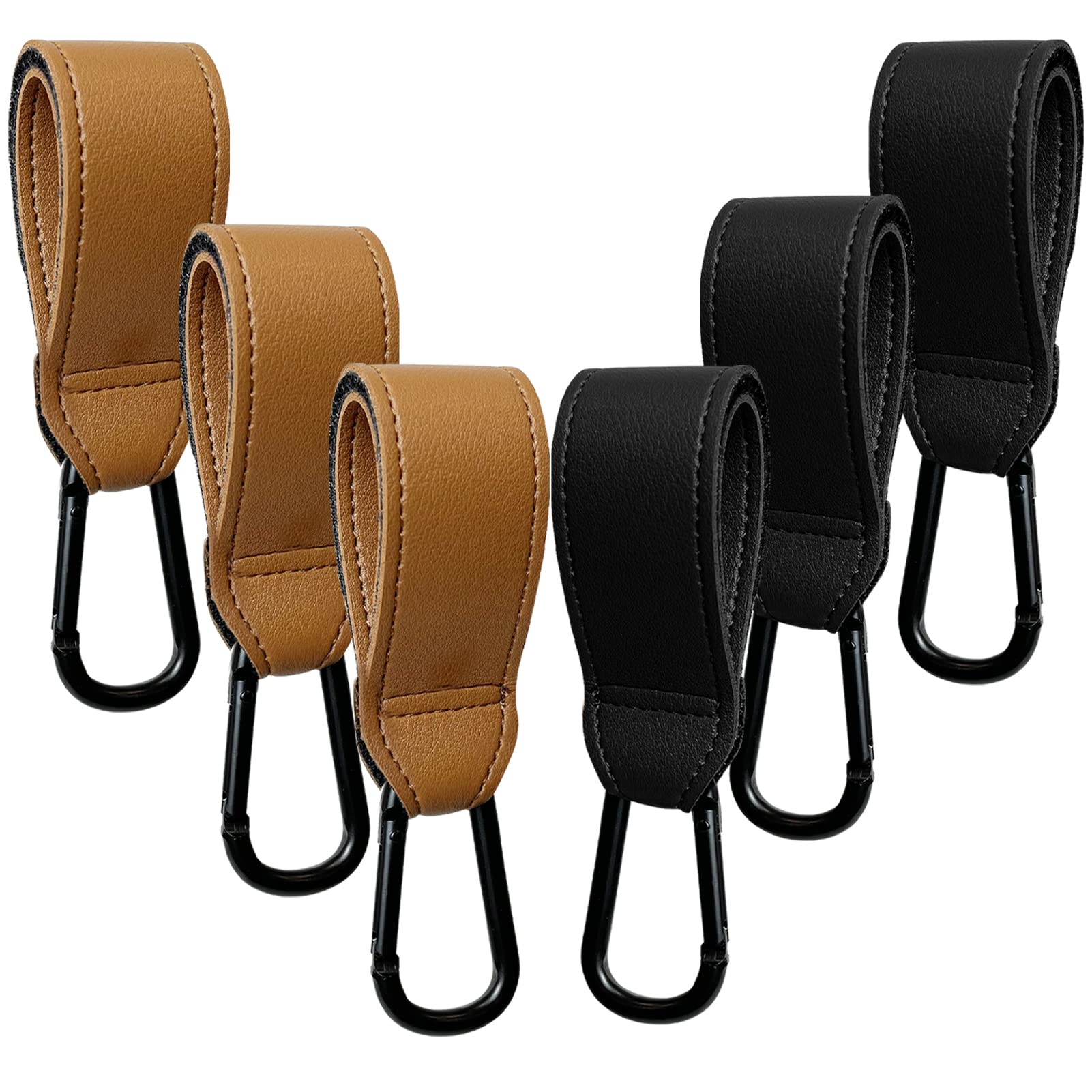 6 Pack Baby Stroller Hooks for Hanging Diaper Bags, Stroller Clips for Diaper Bags Brown Leather, Multipurpose Hooks for Grocery Shopping Bags, Pram Buggy Clips for Stroller Straps(Black and Brown)