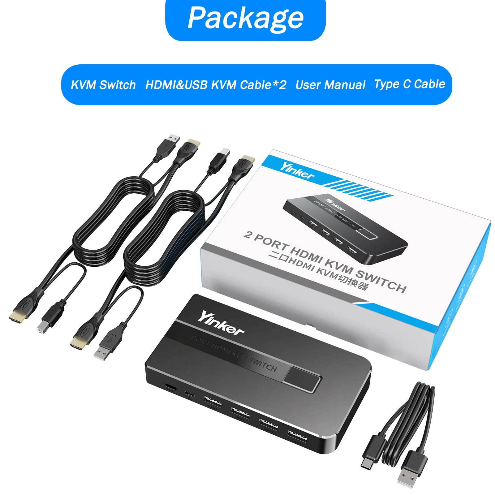 4K HDMI KVM Switch 2 Port, 4K@60Hz USB KVM Switch for 2 Computers 1 Monitor, w/2 KVM Cables & Wired Selector & 4 USB 2.0 Hubs