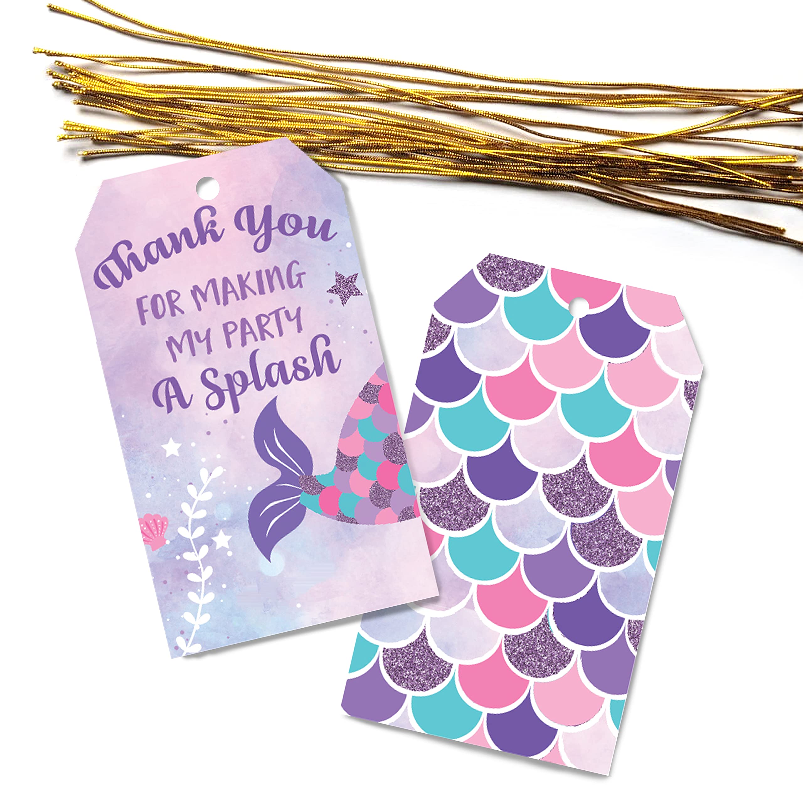Mermaid Thank You Tags Birthday 24 Pcs with 24 Pcs Gold Strings | Hanging Labels for Mermaid Party Favors Bags Gift Sickers Kids