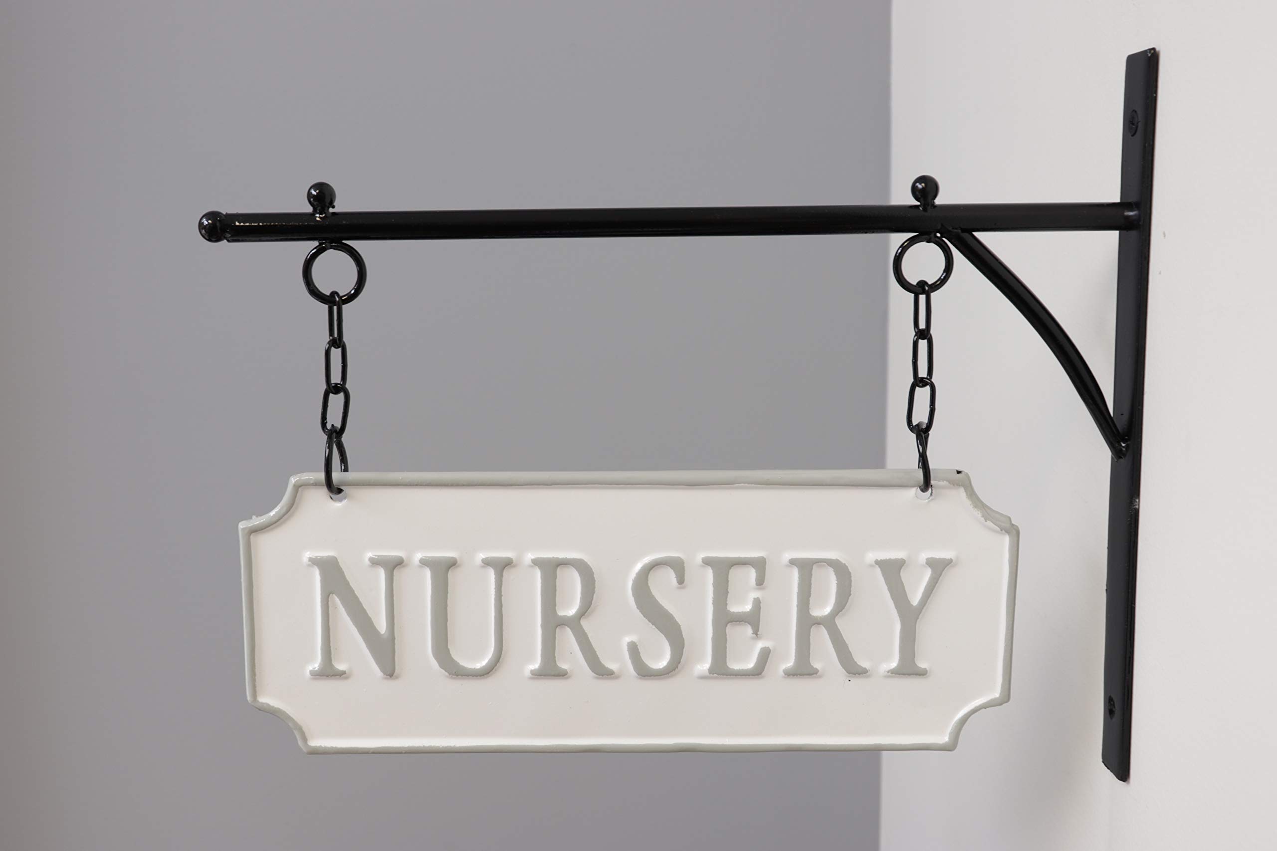 Silvercloud Trading Co. Rustic Hanging Double-Sided NURSERY Embossed Soft Gray on White Enamel Metal Sign with Bracket - Wall Decor - Room Label