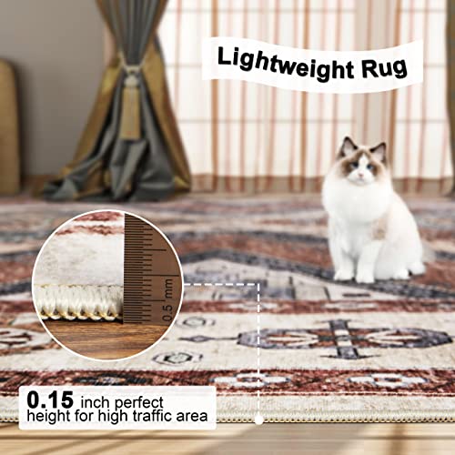 Area Rug Living Room Rugs - 9x12 Large Machine Washable Boho Carpets Vintage Persian Tribal Anti Slip Backing Thin Carpet for Under Dining Table Bedroom Farmhouse Home Office Red