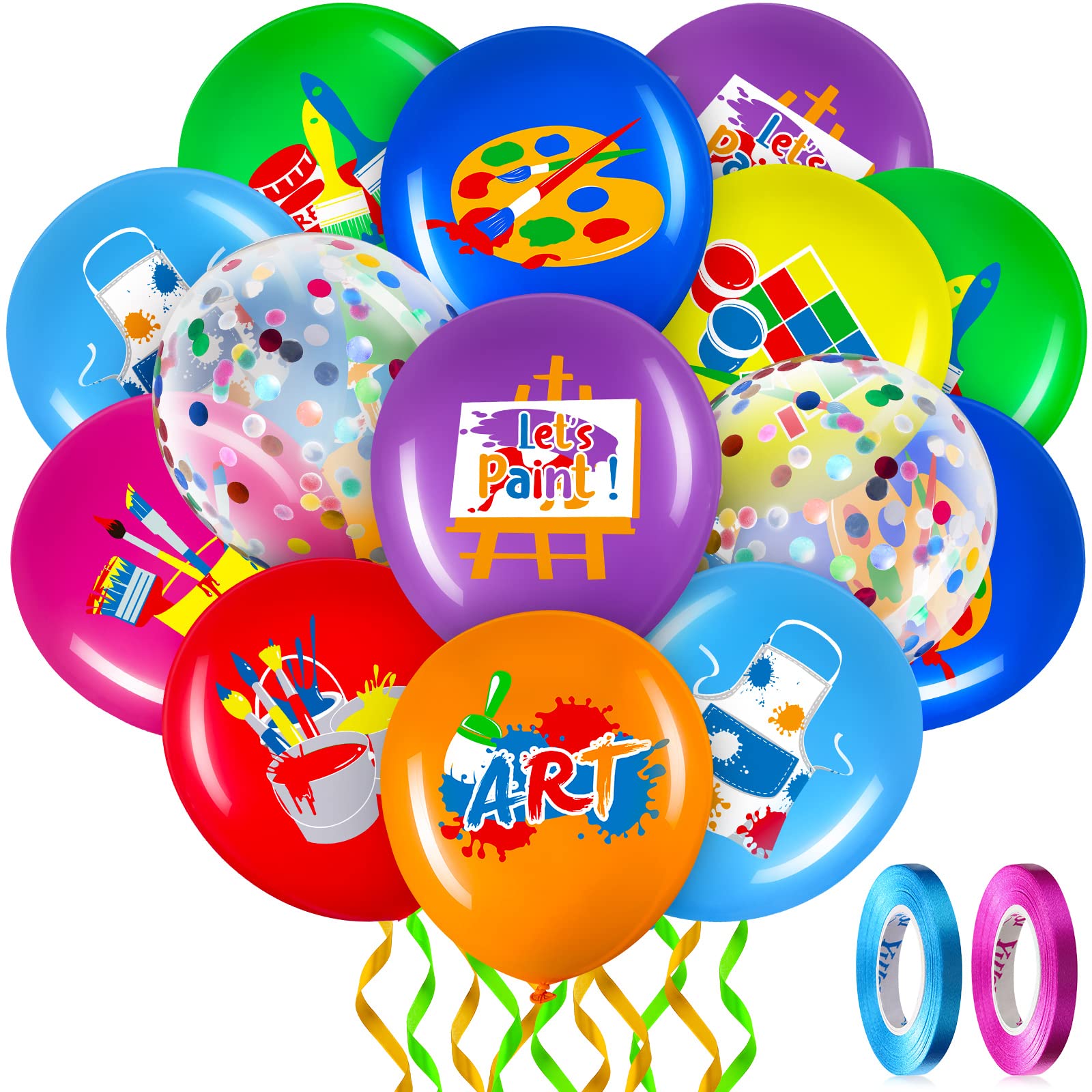 50 Pieces Art Party Balloons Printed Party Latex Balloons Multicolor Artist Balloons and Foil Confetti Balloons for Art Classroom Paint Class Painting Paintbrush Birthday Party Decoration, 12 Inches