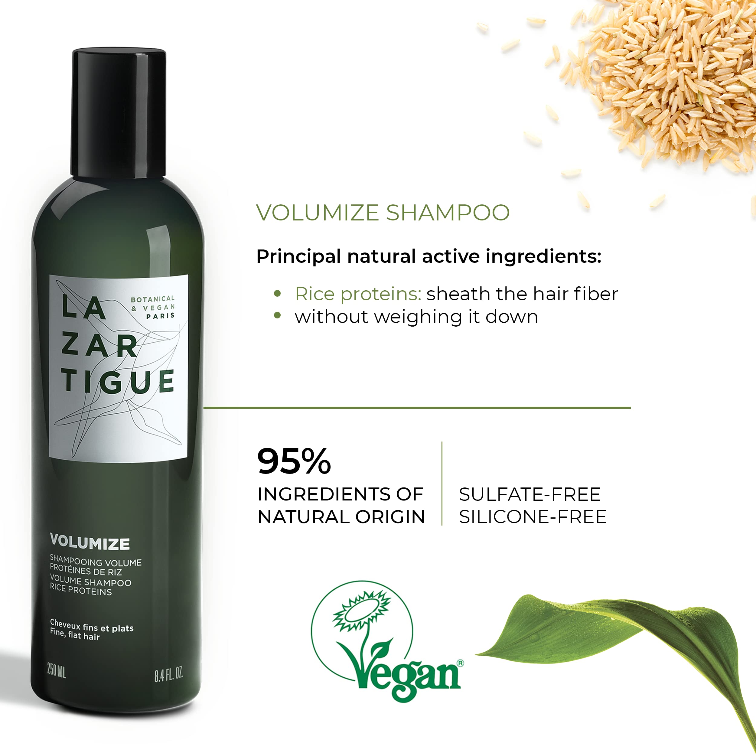 Lazartigue Volumize Shampoo, Enriched with Rice Proteins, Gives Body & Substance to Fine Hair, Leaves Soft & Shiny, Increased Lasting Natural Volume, Vegan, 8.4 Oz