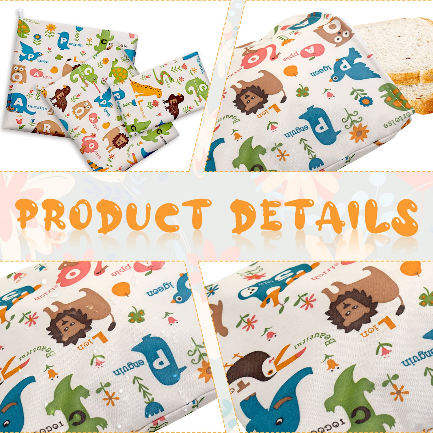 9 Pcs Reusable Sandwich Bags,Washable Cartoon Snack Bags with Zipper 3 Sizes Lunch Baggies Food Storage Cute Snack Pouch for Kids(Multi 2)