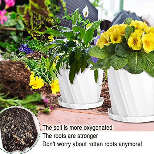 8 Inch Plastic Flower Pots Set 5 Pack with Drainage Holes and Saucers, Tray. Large Planters for Indoor Plants, House, Outdoor Plants, Orchid. Unique Decorative Planting Pots, White