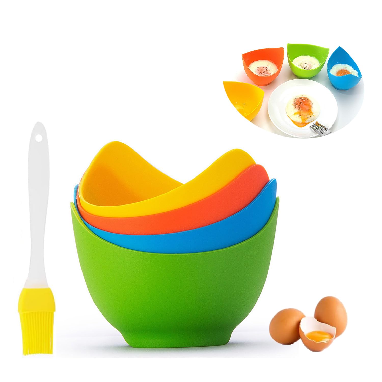 Egg Poacher, 4 Pack Egg Boiler Mold Cup, Poached Egg Cups with Ring Standers, Silicone Egg Poacher Cooker for Microwave Stovetop Air Fryer, with Extra Oil Brush, BPA Free