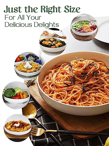 DOWAN Pasta Bowls, 65 oz Large Salad Bowls, 10'' White Serving Bowls Set of 2, Ceramic Shallow Bowl Plates, Serving Dishes for Soup Salad Pasta Vegetable Fruit Prep, Microwave Dishwasher Safe
