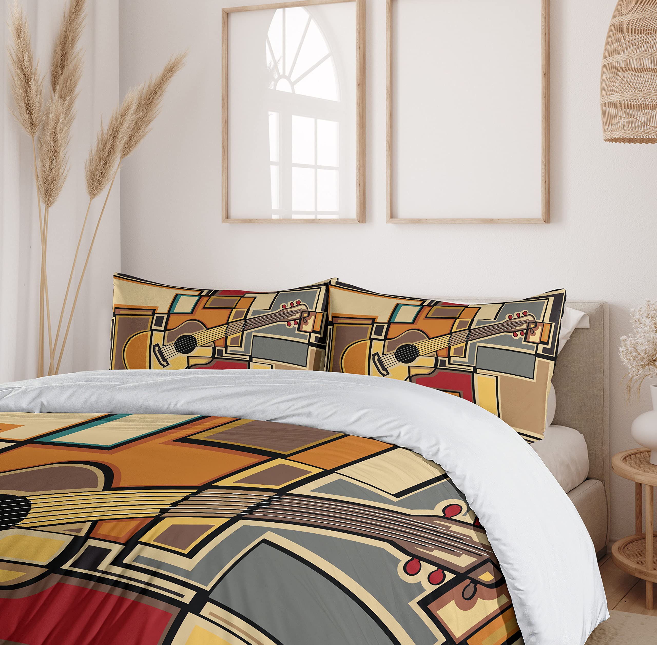 Ambesonne Music Duvet Cover Set, Funky Fractal Geometric Square Shaped Background Acoustic Guitar Art, Decorative 3 Piece Bedding Set with 2 Pillow Shams, King Size, Pale Yellow