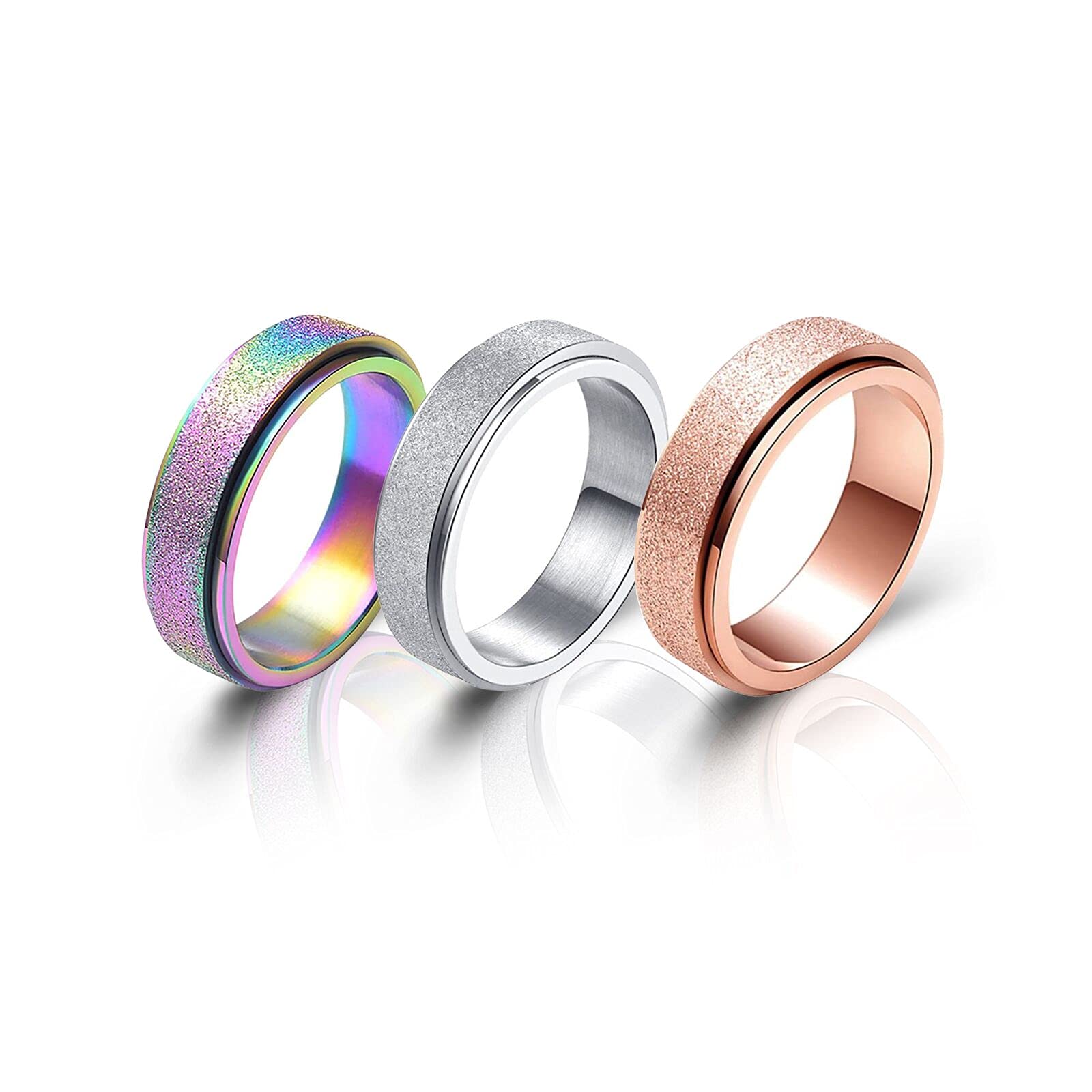 3Pcs Spinner Ring for Women Anxiety Relief - 6MM Stainless Steel Sand Blast Glitter Finish Rose Gold Silver Rainbow Color Fidget Ring Band Set -Size 9