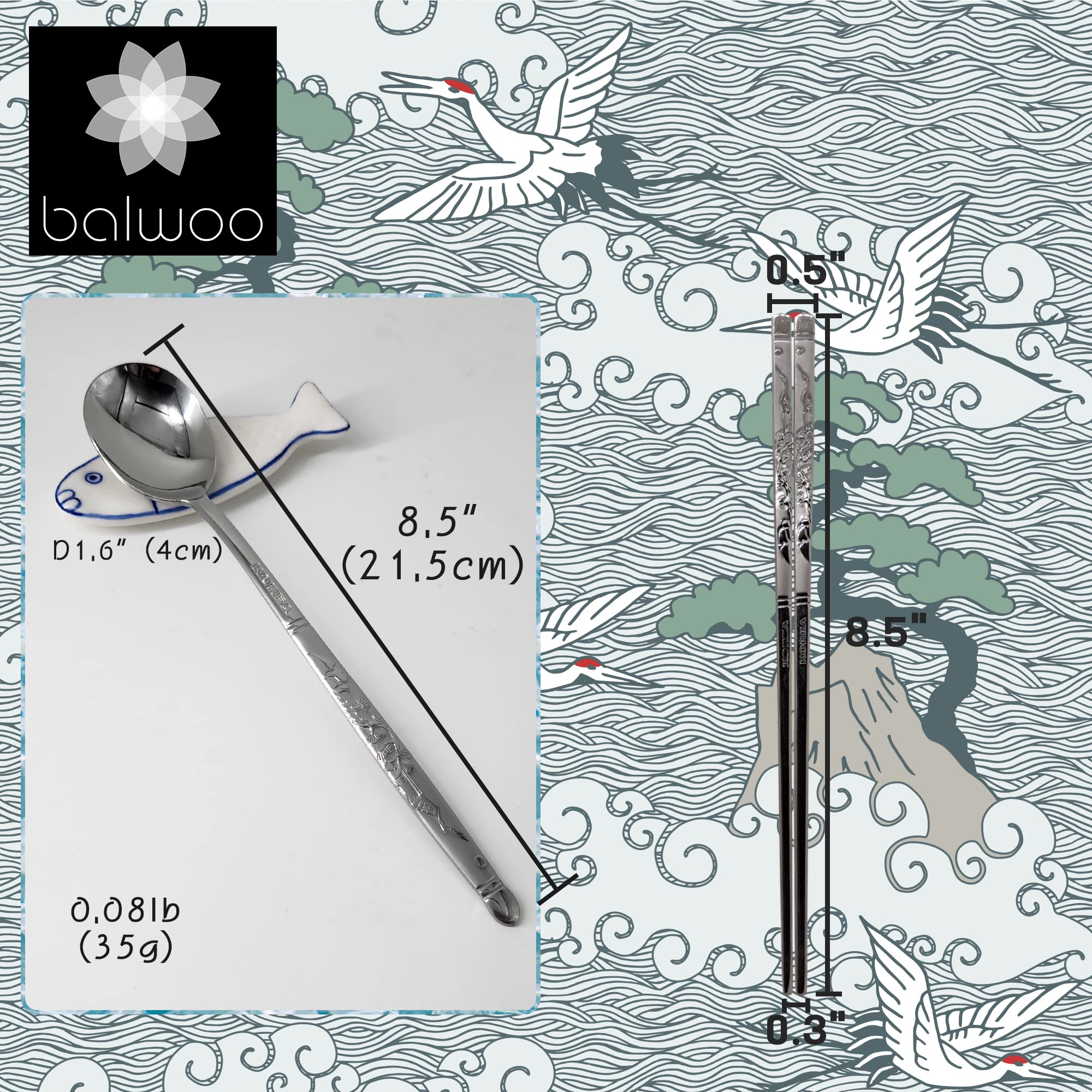 Balwoo [5 Sets][Made in Korea] Sticky Korean Style Rice Spoon Chopsticks Set 430 Stainless Steel Soup Spoon Ramen Noodle Chopsticks Flatware (Crane)